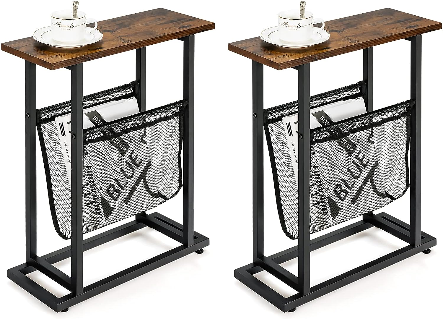 End Table Industrial 2-Tier Narrow Small Accent Table With Mesh ...