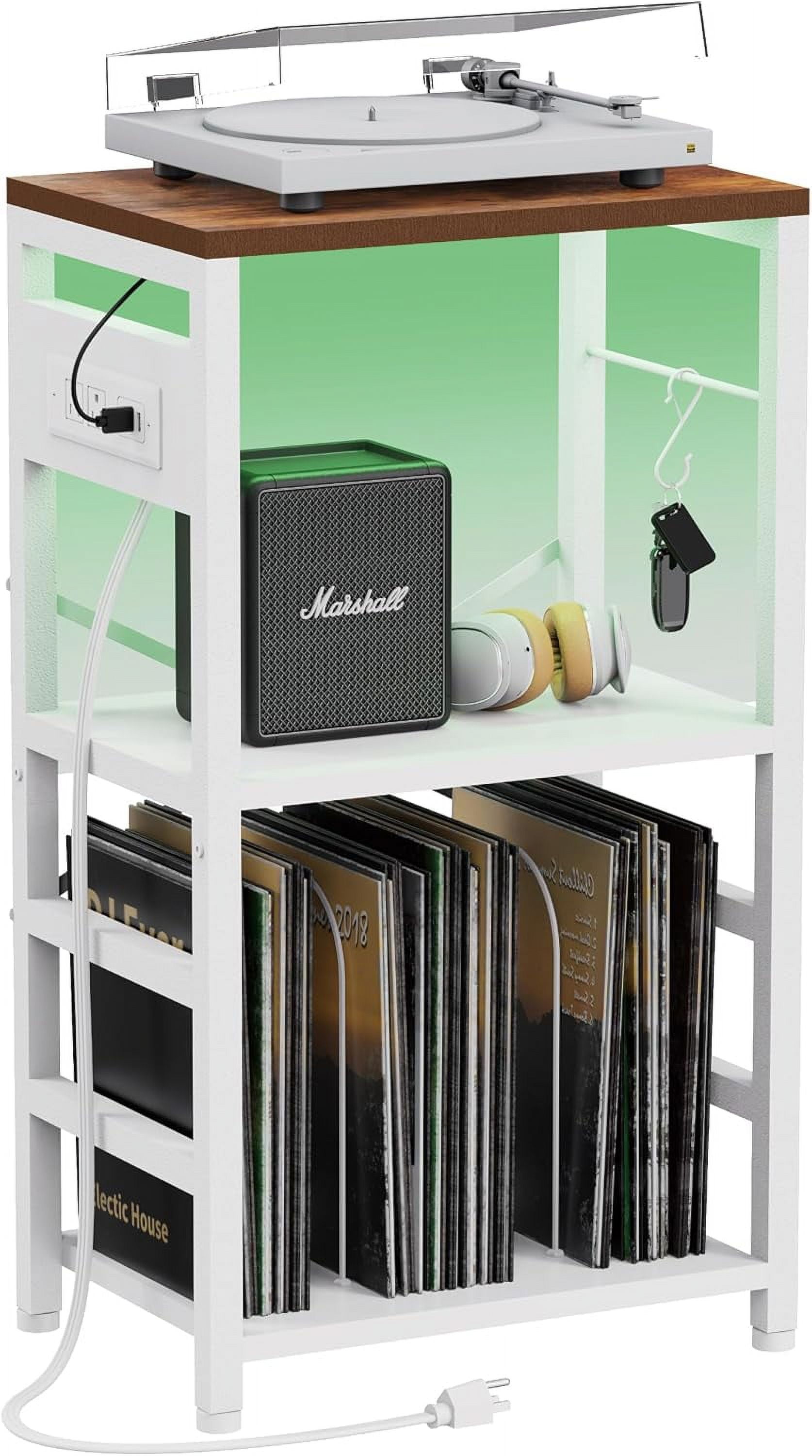 End Table with LED Light,Record Player Stand with Charging Station ...