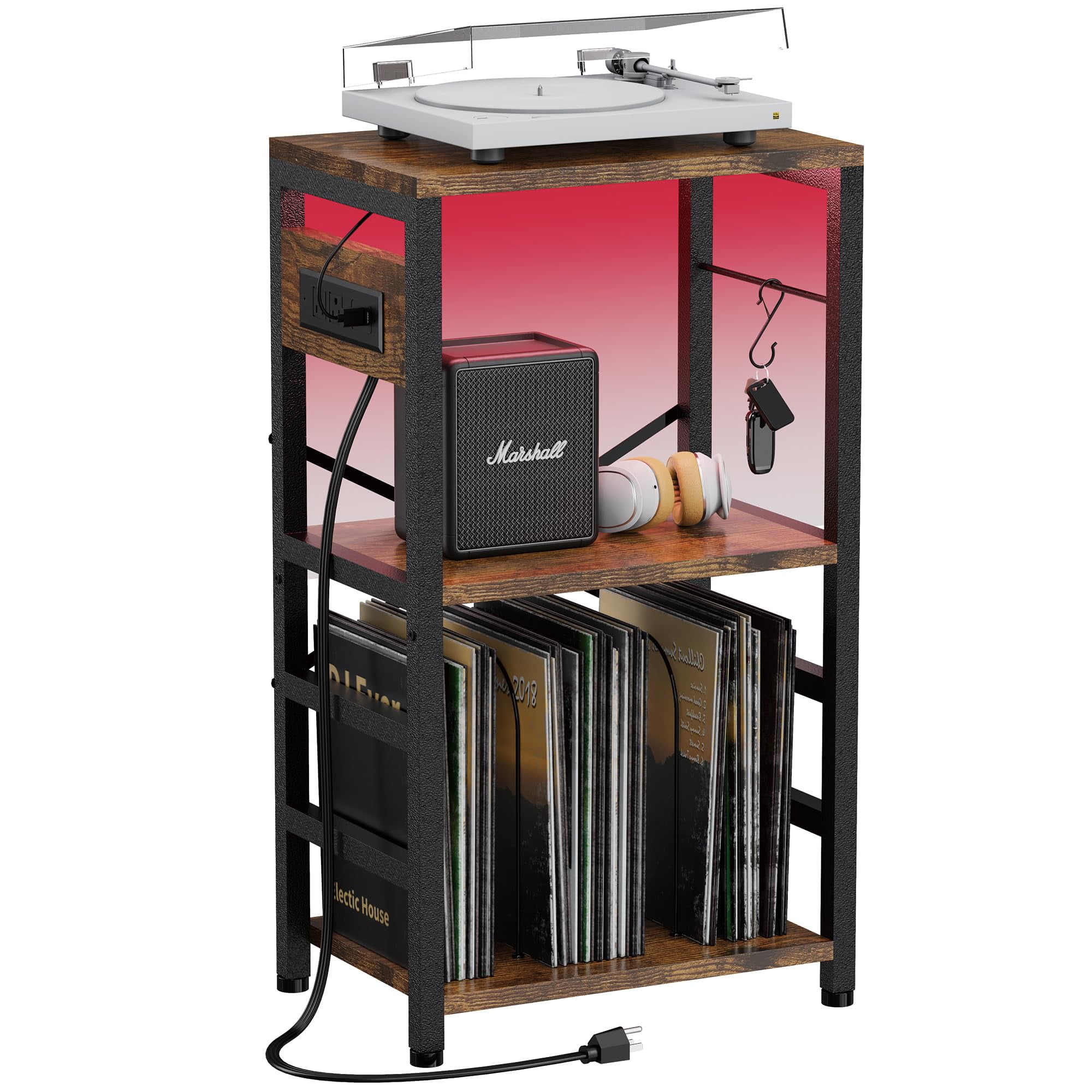 End Table with LED Light,Record Player Stand with Charging Station ...