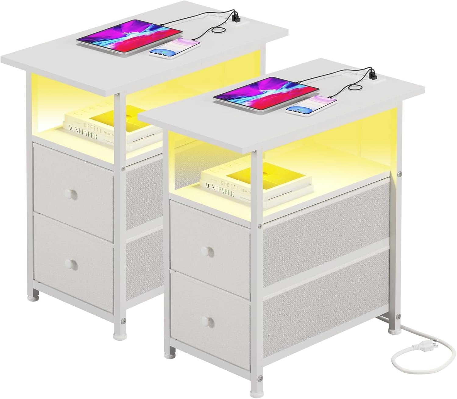 End Table with LED Light Set of 2,2 Fabric Drawers End Table with ...