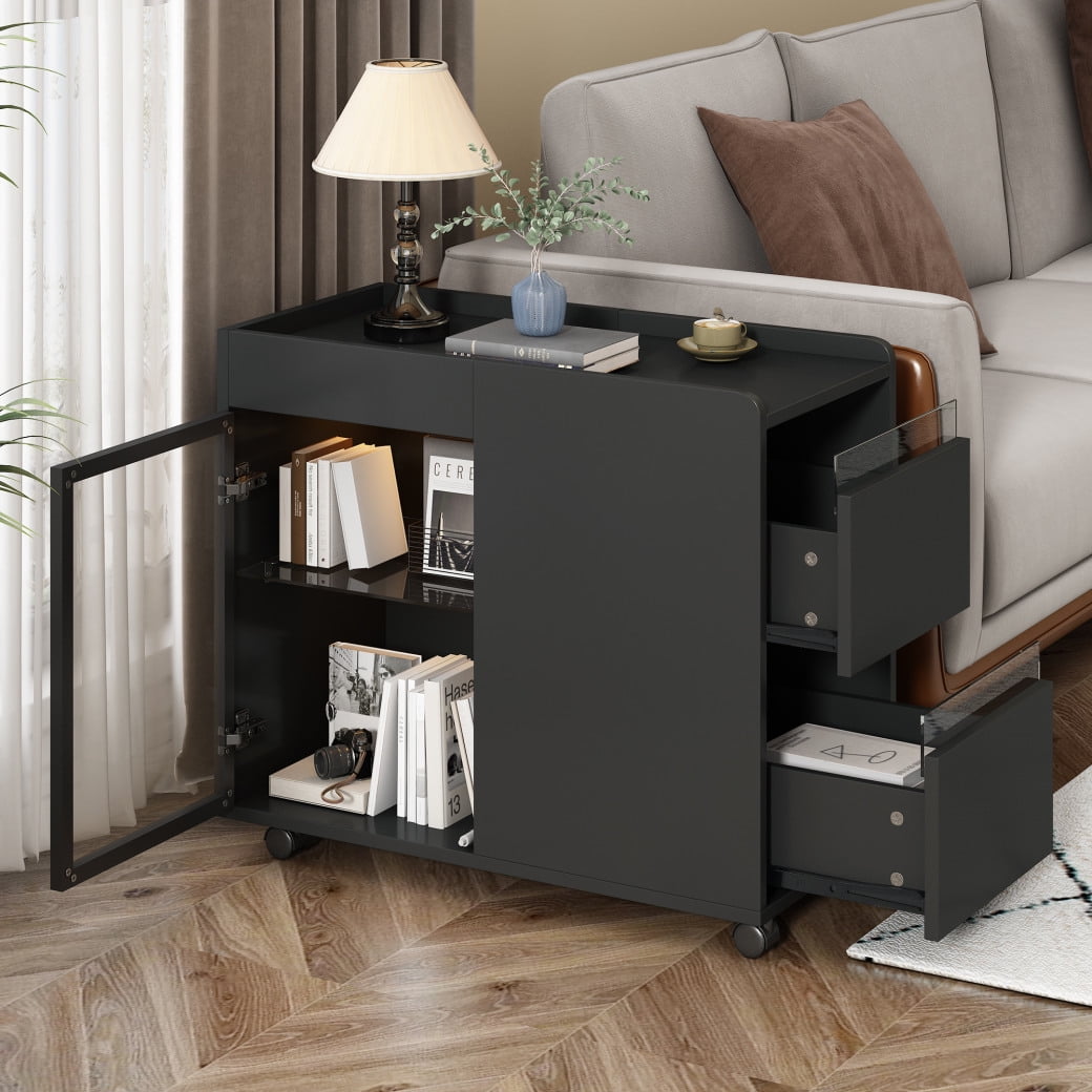 End Table with LED Light and Wheels, Wood Sofa Side Table Bedside ...