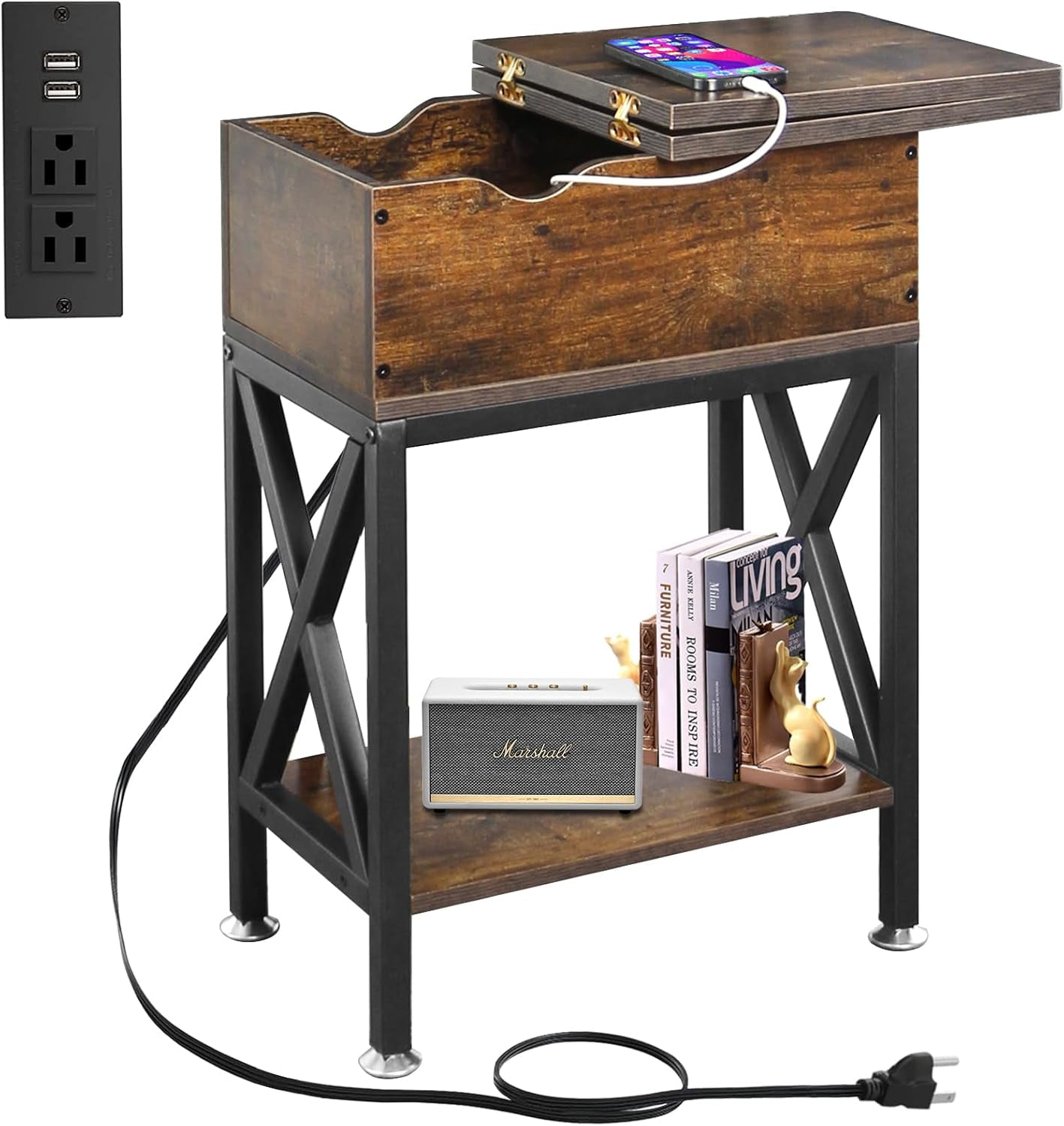 End Table Living Room with Charging Station, 11"D x 24"W x 23"H, Flip ...