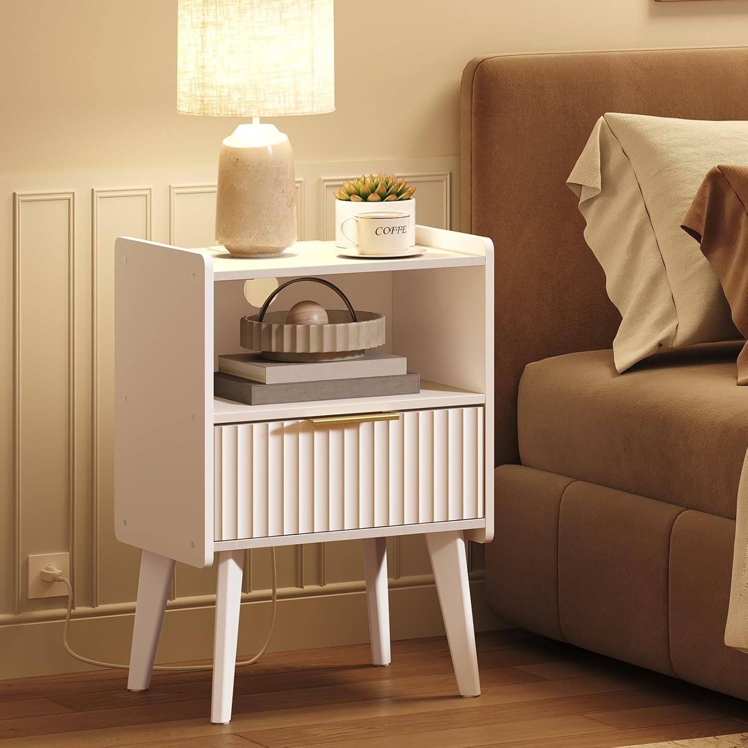 End Table Living Room Fluted Night Stand, 15.9" Modern Side Table with Charging Station，Bedside ...