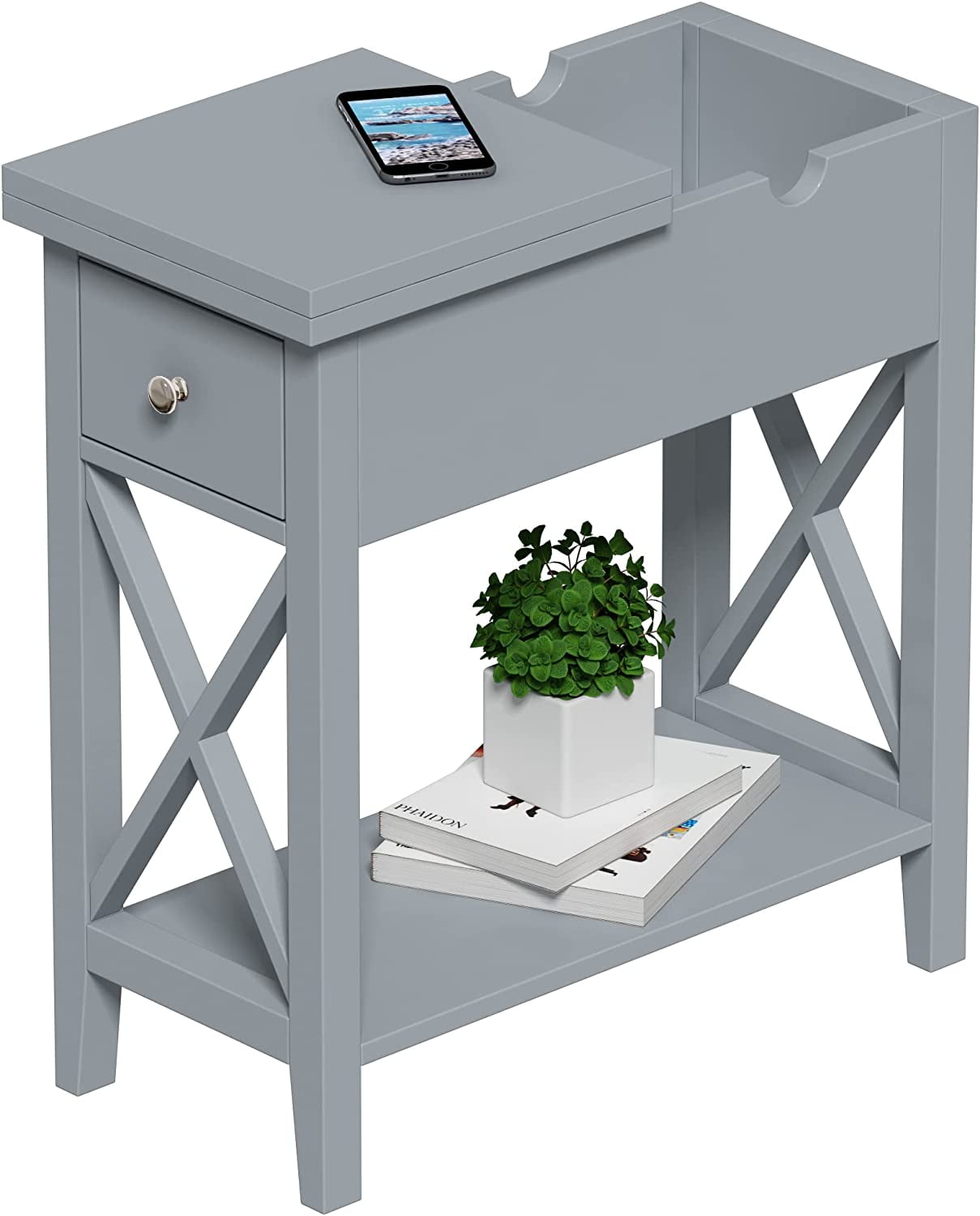 End Table, MDF Material Flip Top Narrow End Table with Drawer, Accent ...