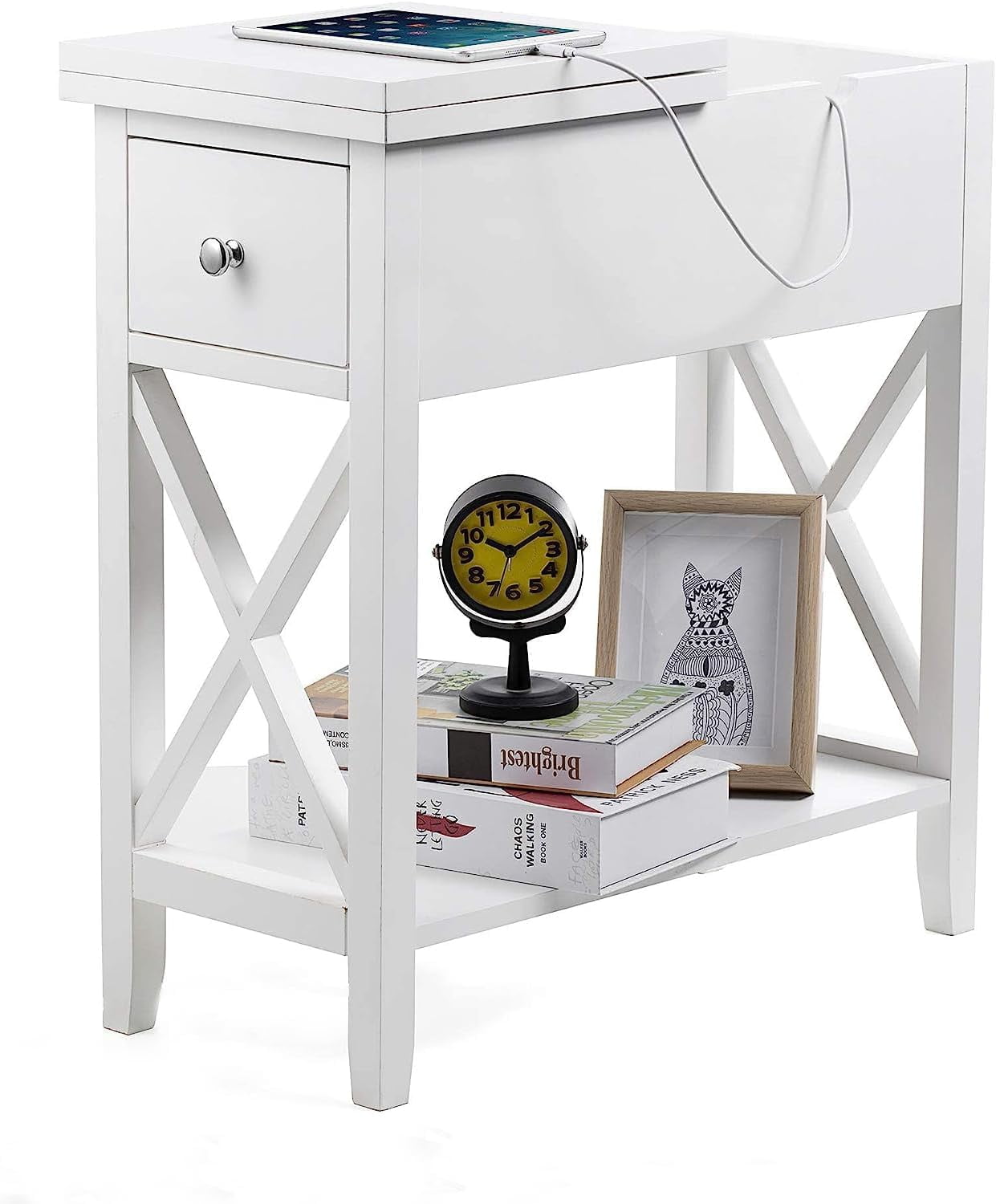 End Table, MDF Material Flip Top Narrow End Table with Drawer, Accent ...