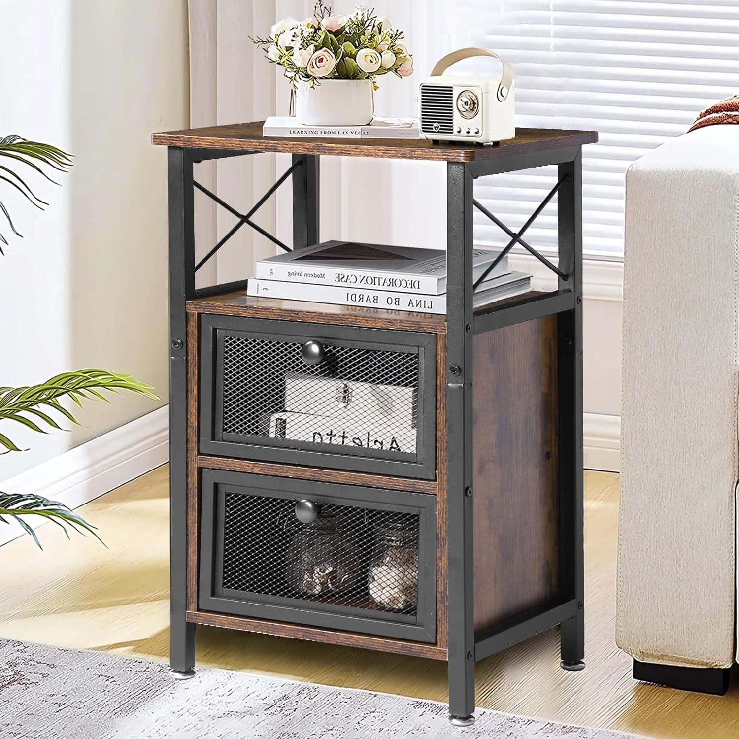 End Table with Mesh Doors, 12" D x 16" L x 24" H, Metal Side Table with ...