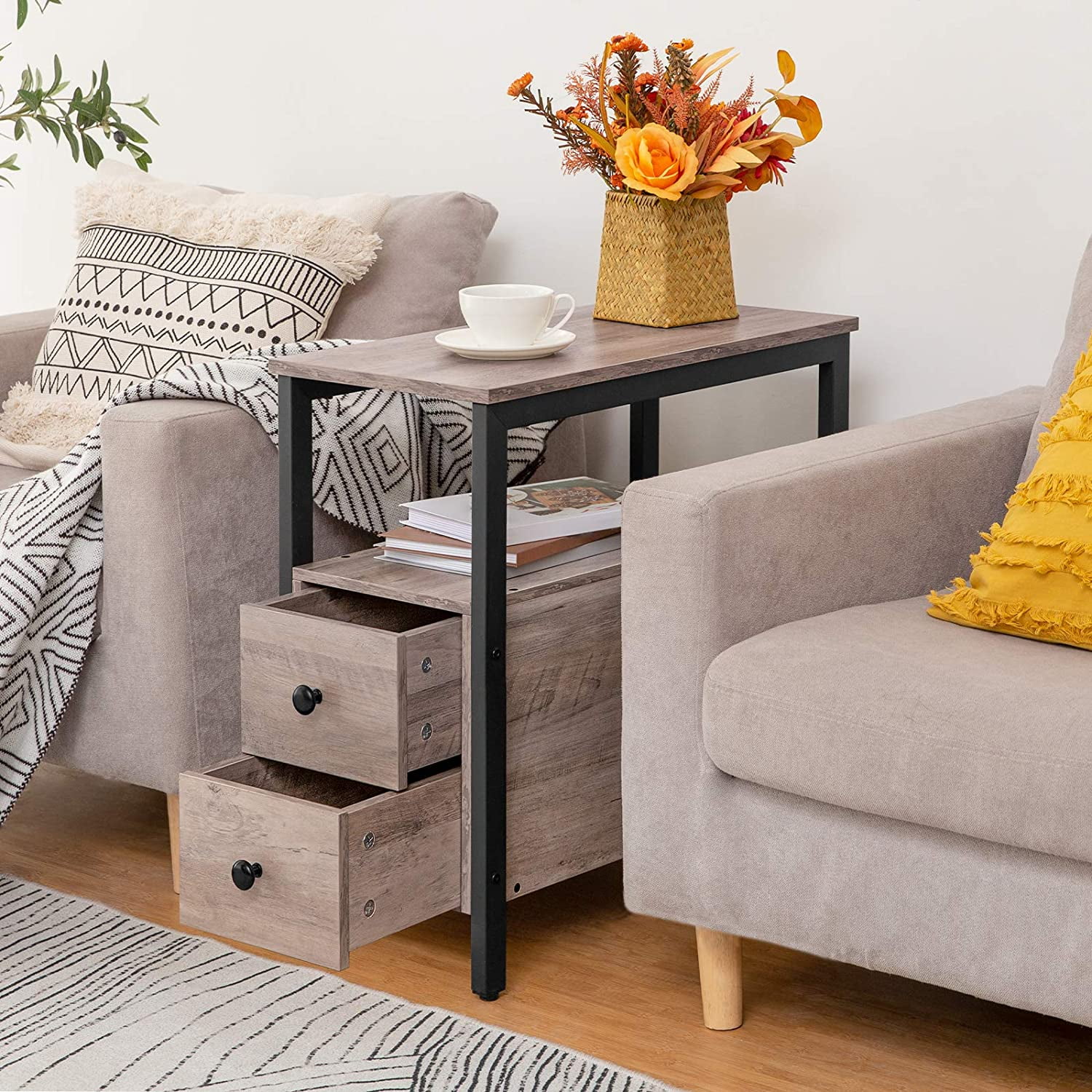 End Table, Narrow Chairside Table with Drawer and Open Storage Shelf ...