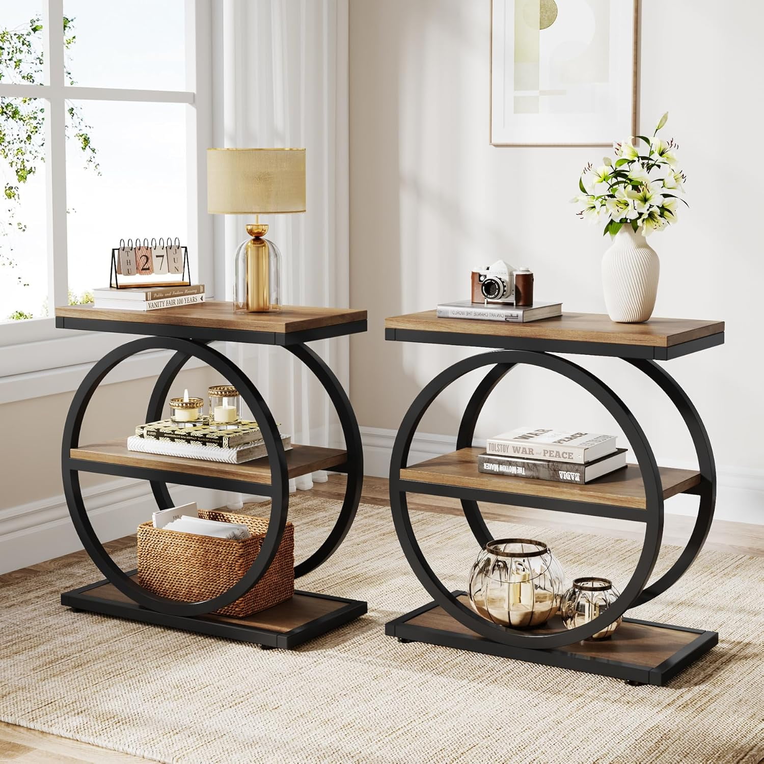 End Table, Narrow End Table with 3 Storage Shelves, Wood Side Table ...