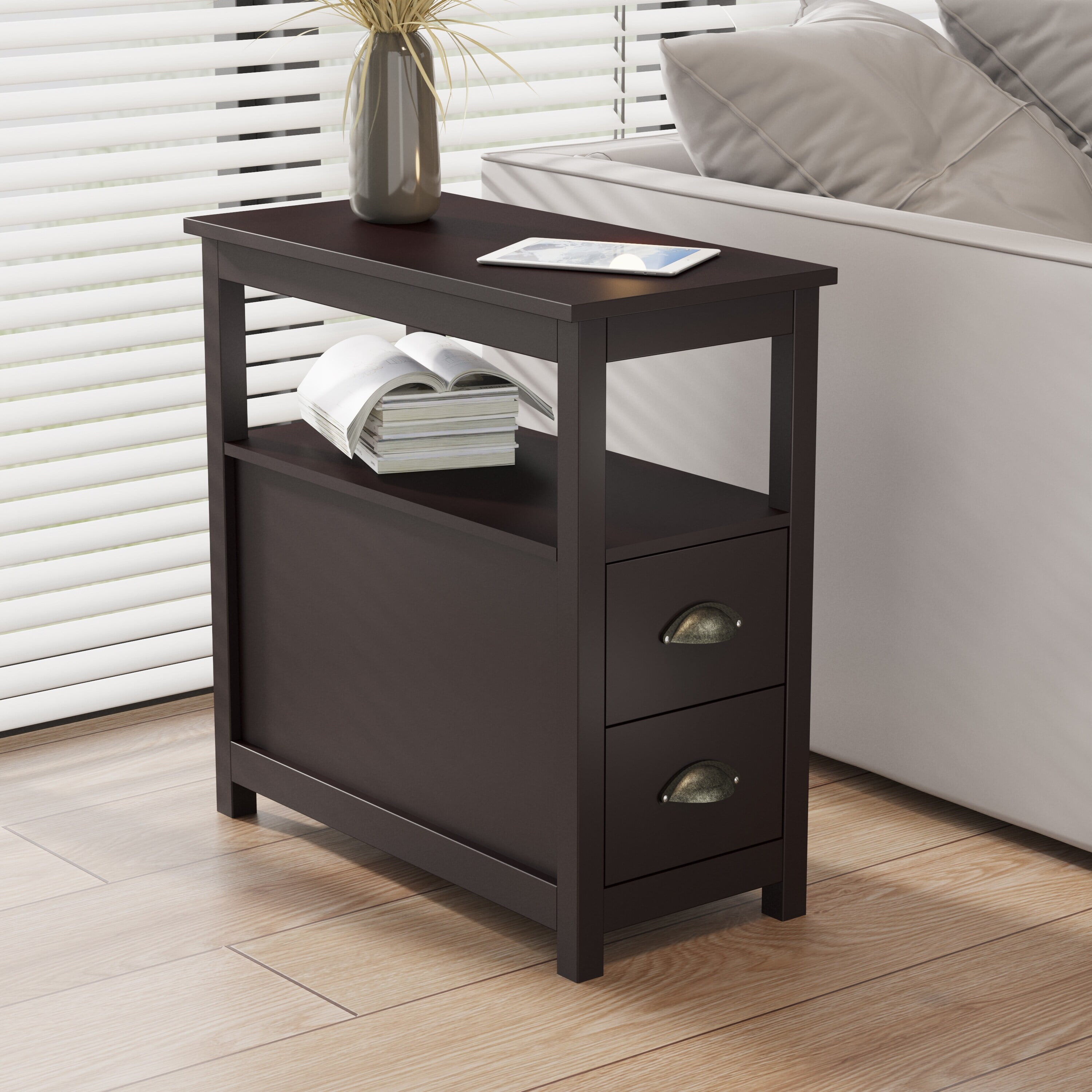 End Table Narrow Nightstand With Two Drawers And Open Shelf - Walmart.com