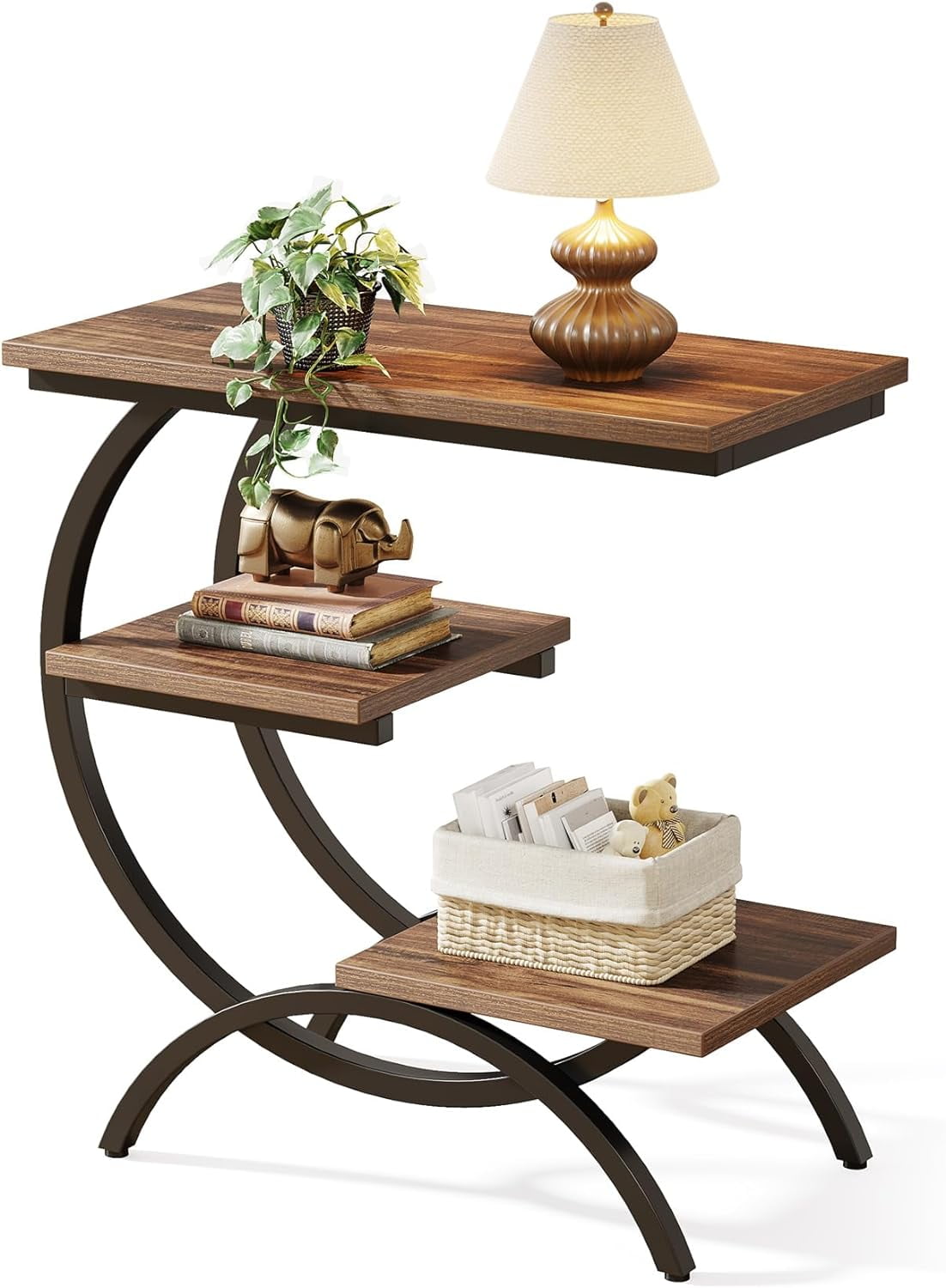 End Table, Narrow End Table with 3 Storage Shelves, Industrial C-Shaped ...