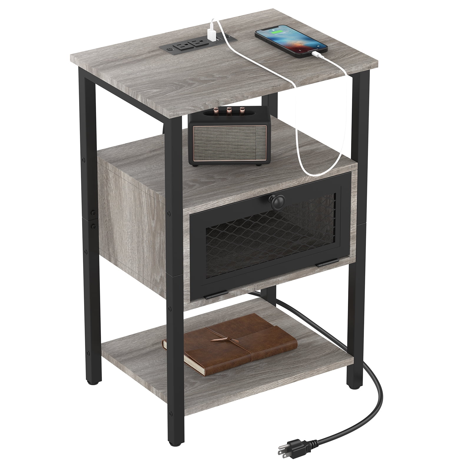 End Table Night Stands Side Table with Charging Station, Narrow End ...