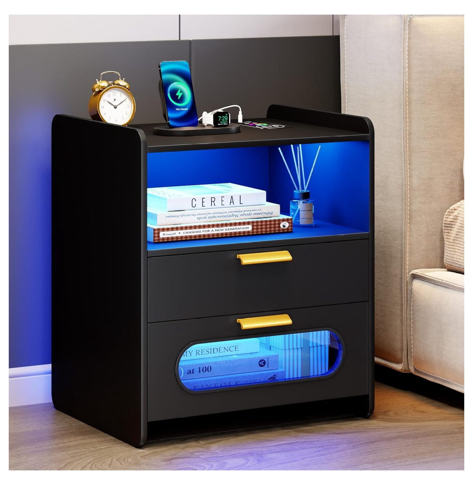 End Table Nightstand with Charging Station: Bedside Table with LED ...