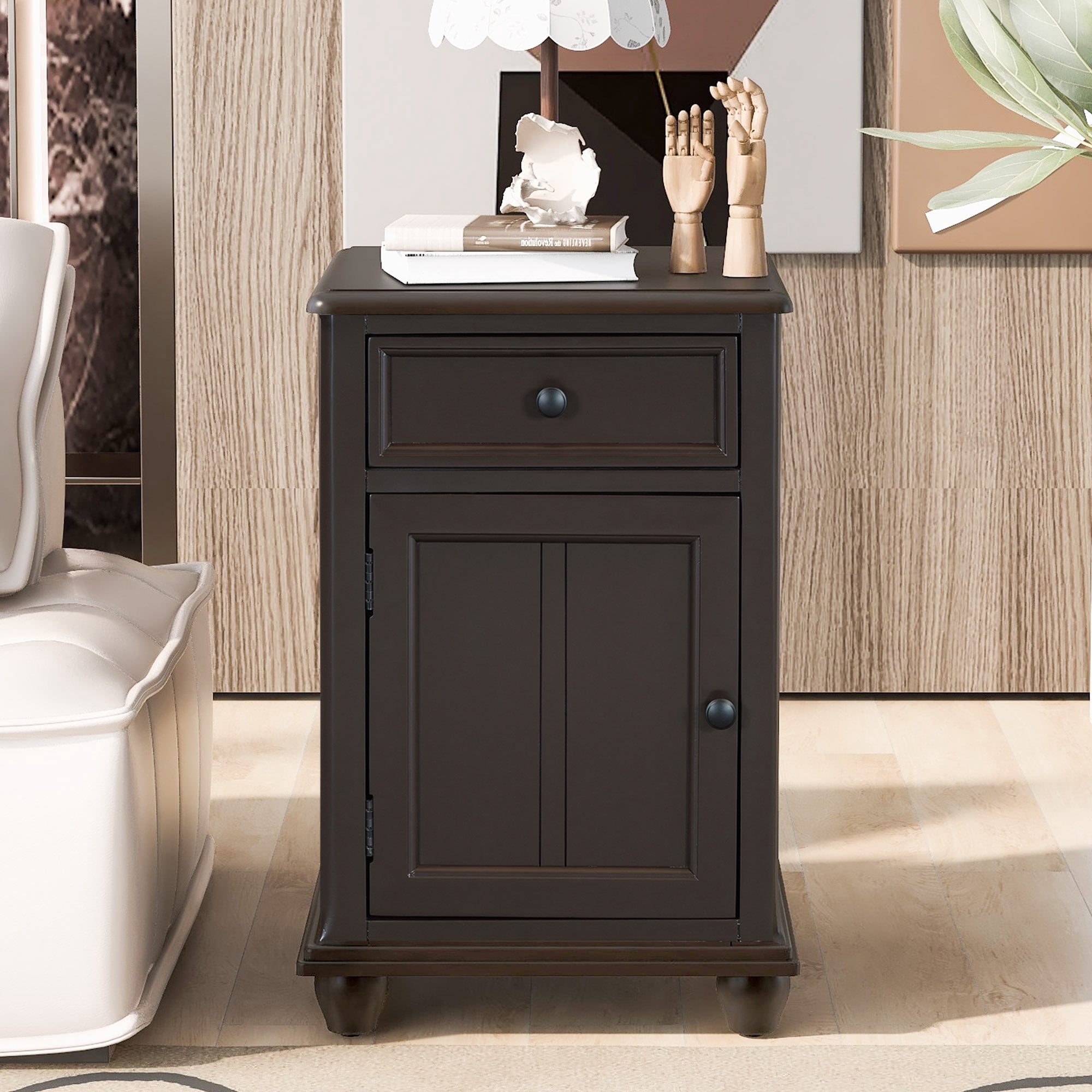 End Table with Power Outlets And USB Ports, Farmhouse Nightstand With 1 ...