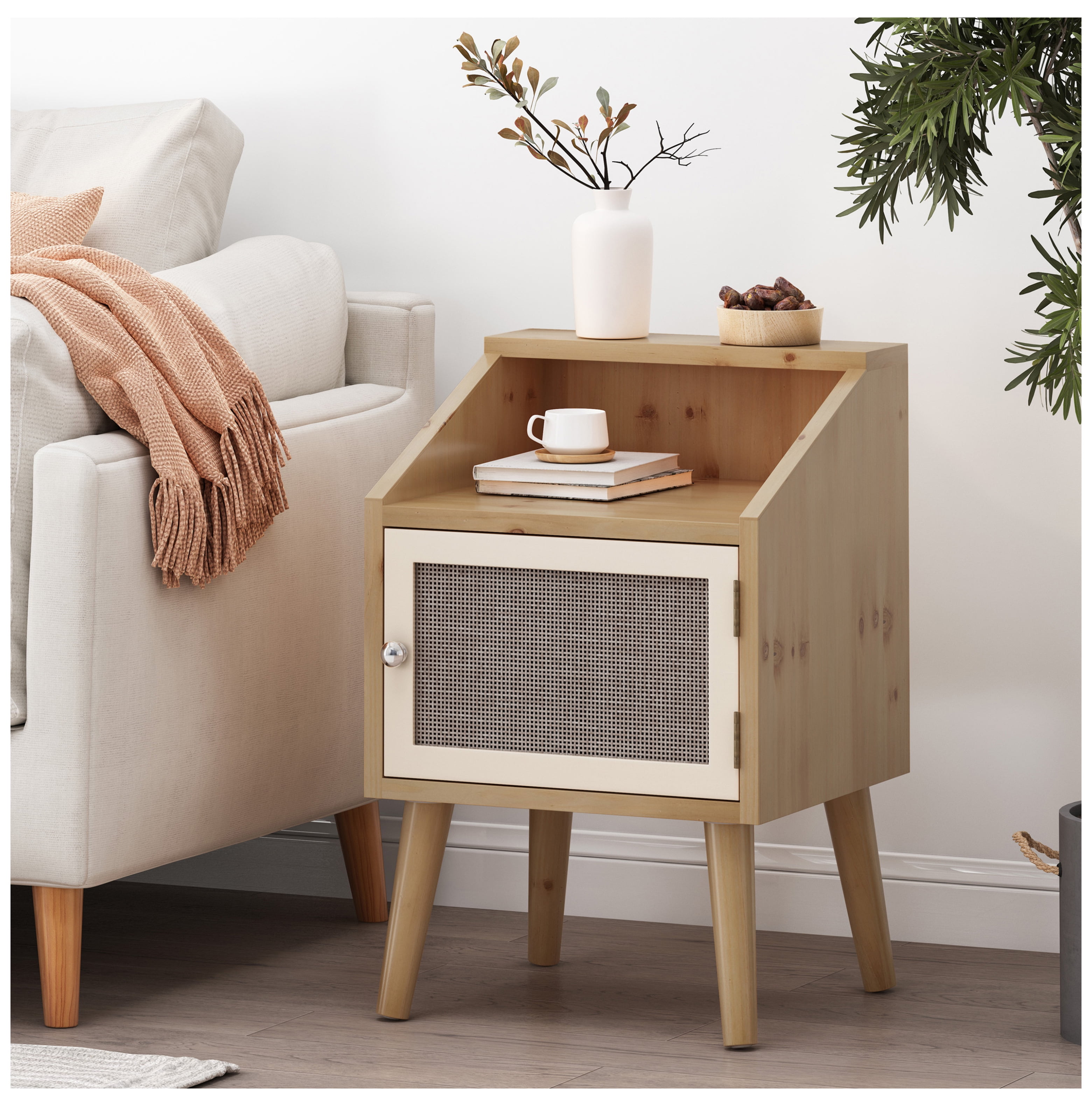 End Table with Rattan Accents, Contemporary Side Table with Storage ...