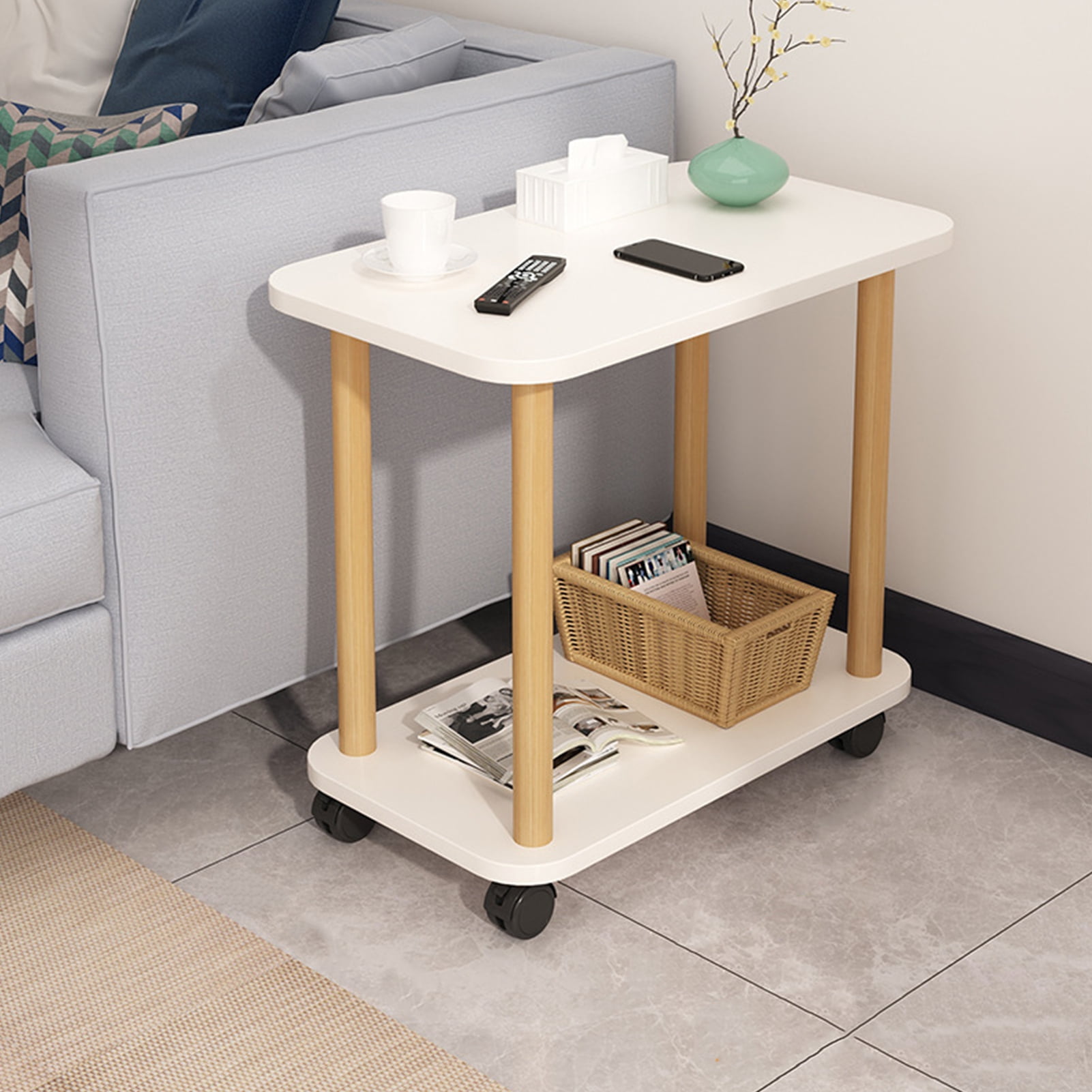 End Table, Rectangle Side Table, Wood Night Stand with 2-Tier Storage ...