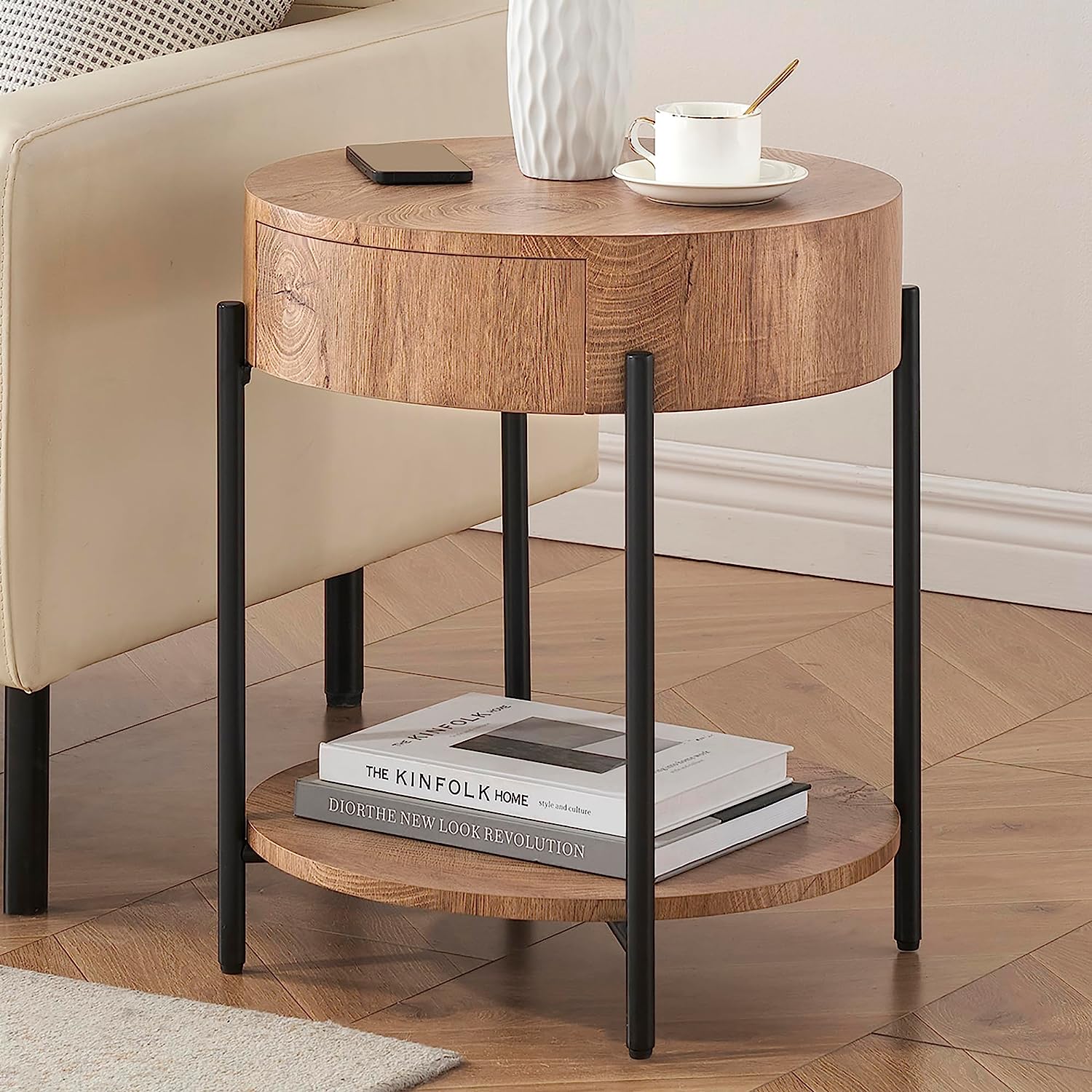 End Table Round Side Table with Drawer Circle End Tables Wooden Bedside ...