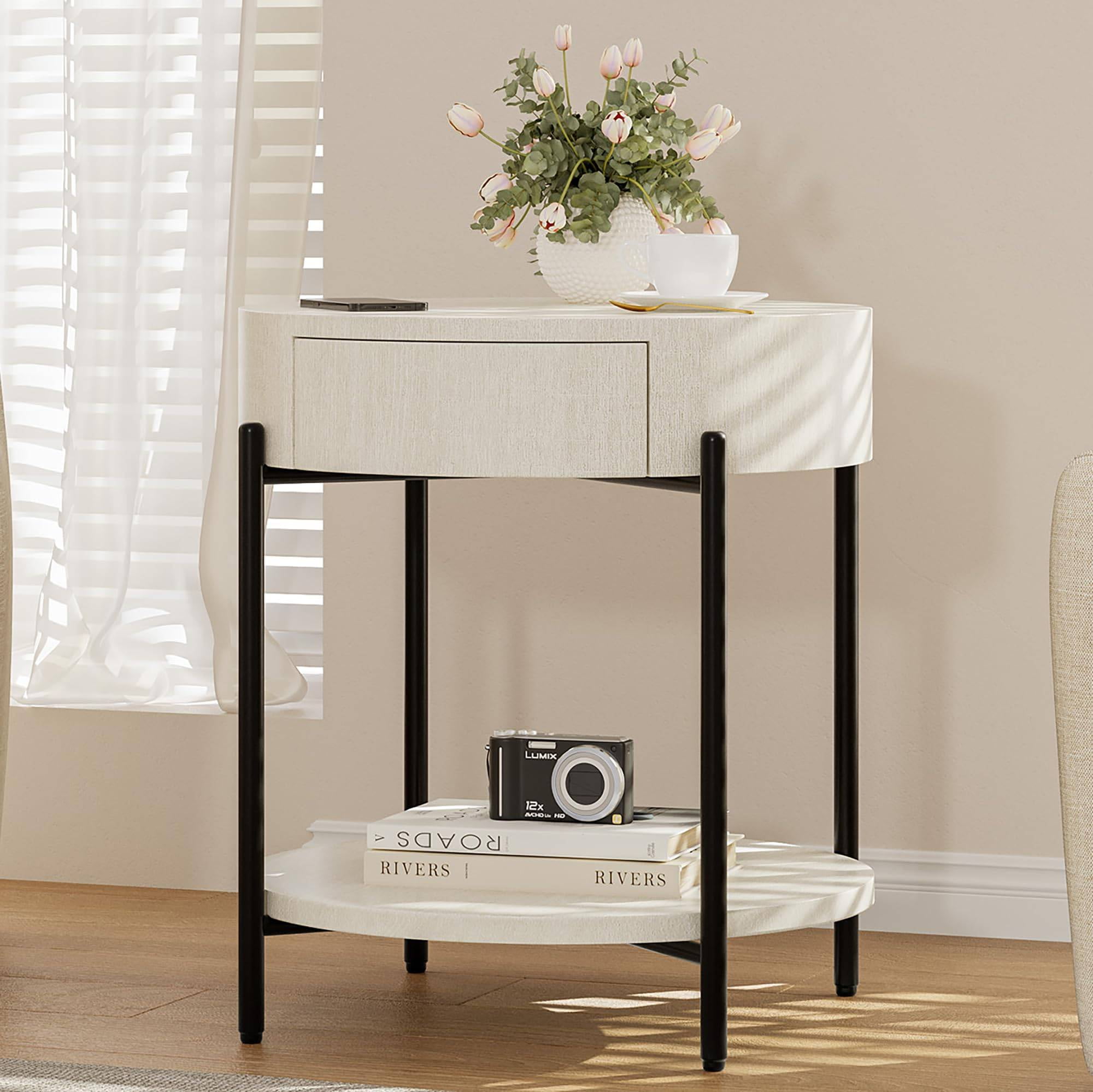 End Table Round Side Table with Drawer Circle End Tables Wooden Bedside ...