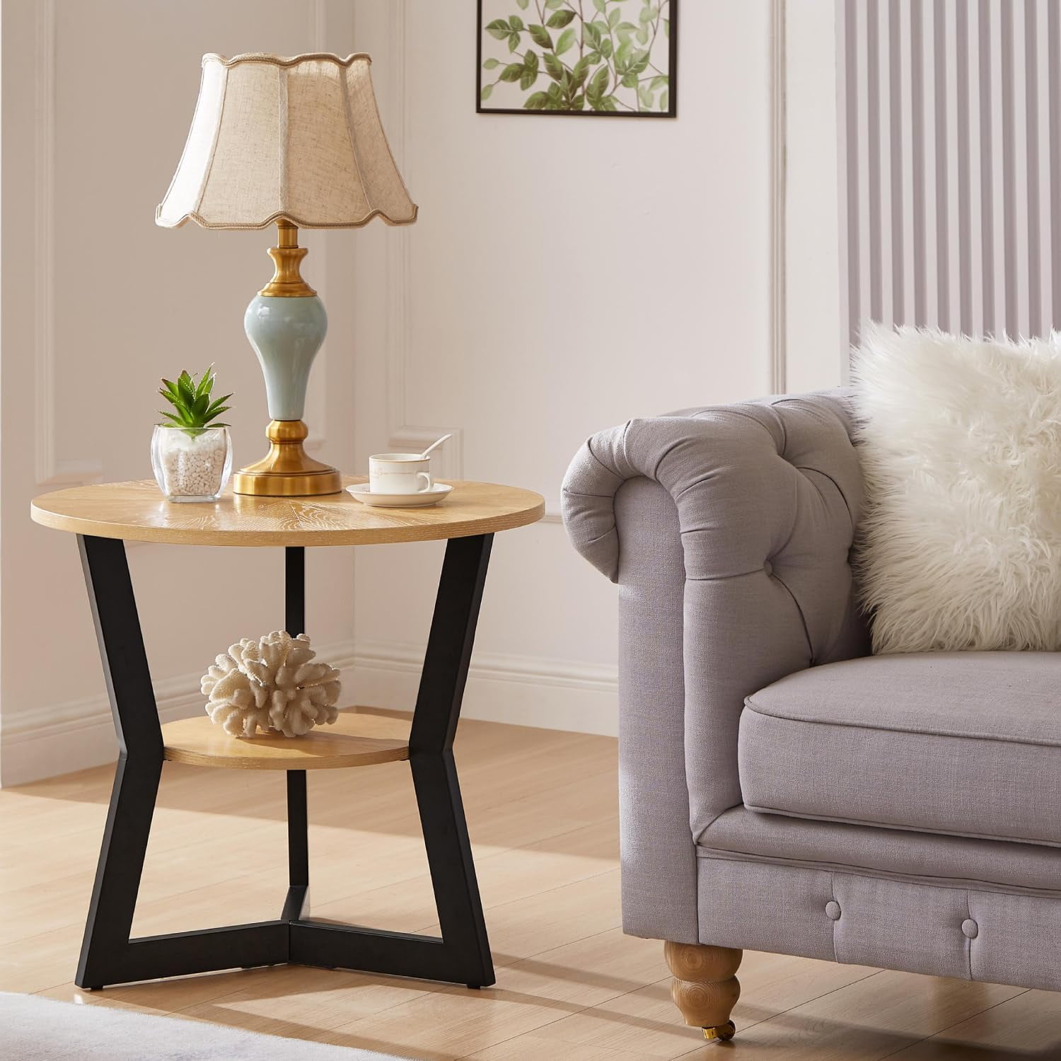 End Table, Round Wood End Table for Living Room with 2-Tier Table Top ...