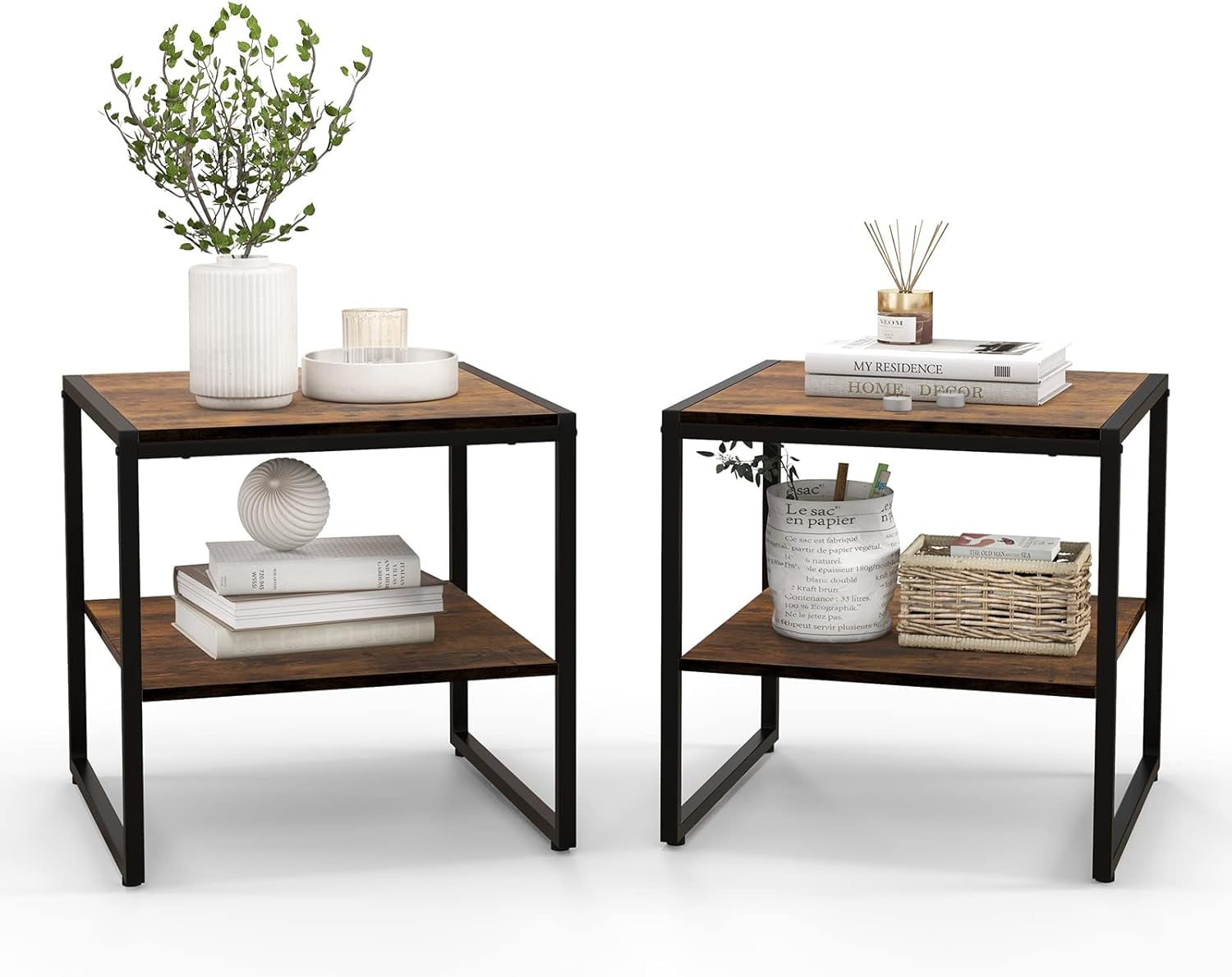 End Table Set of 2, 2-Tier Side Tables with Open Shelf, 20" Square ...