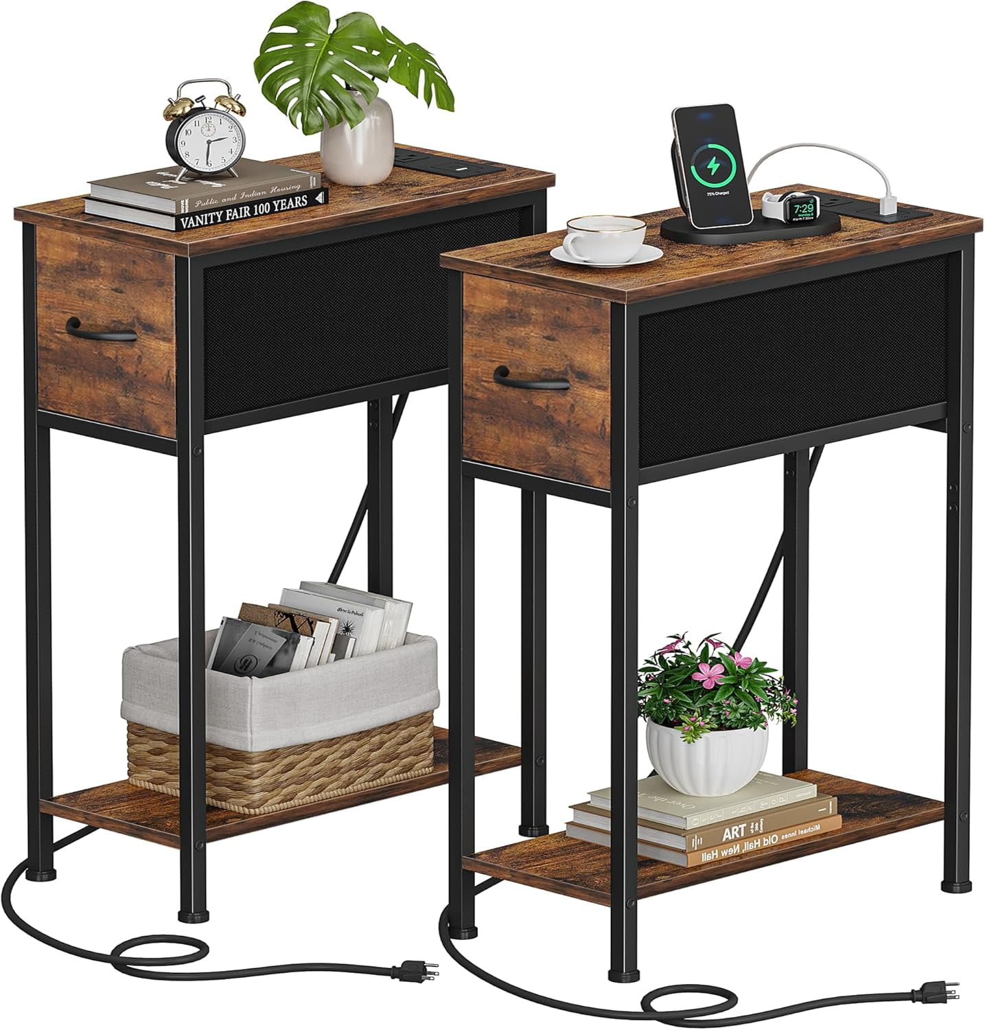 End Table Set of 2 with Charging Station, Narrow Side Table with Outlet, Skinny Nightstand with ...