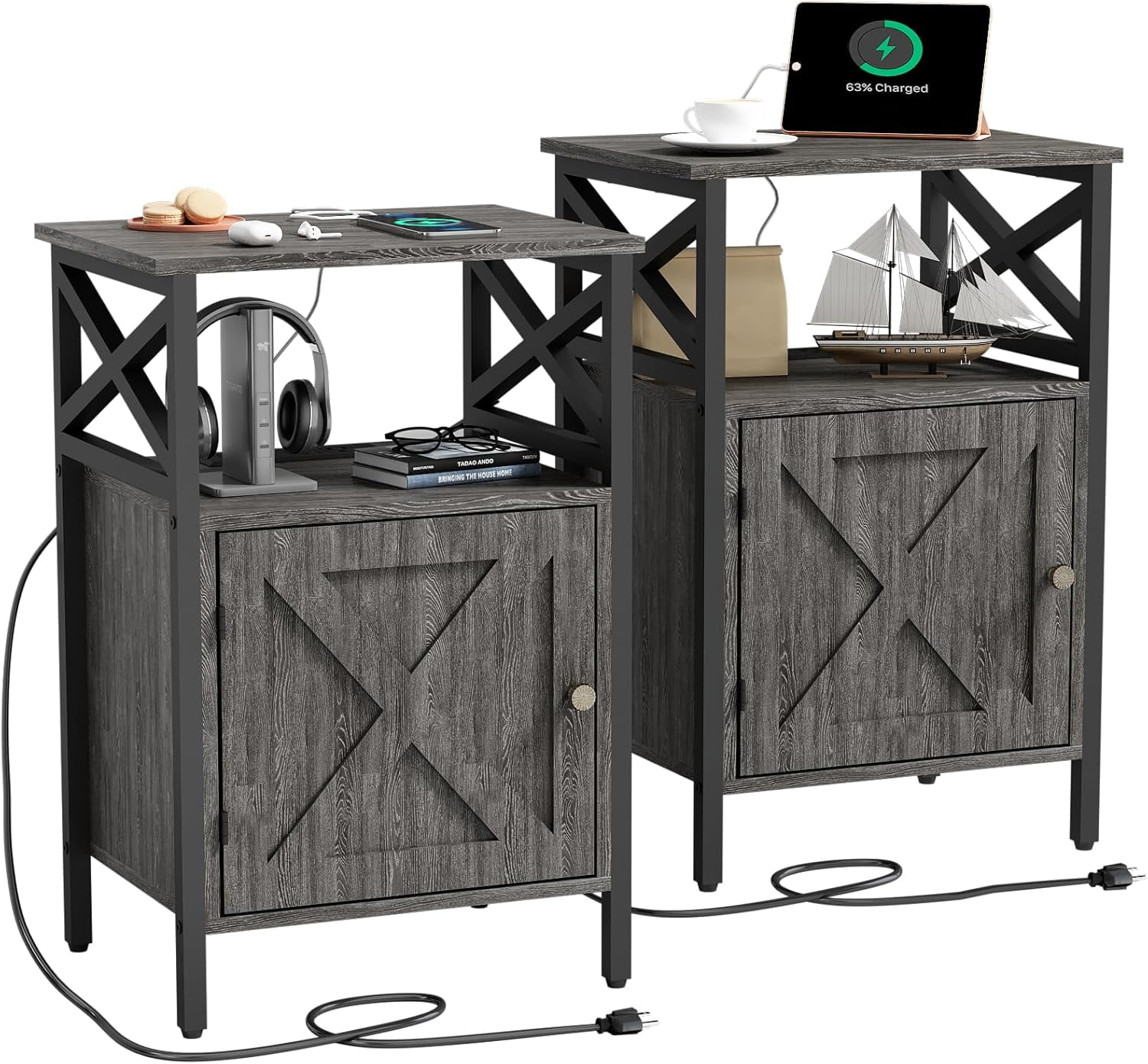 End Table Set of 2 with Charging Station, Side Table with Power Outlet ...