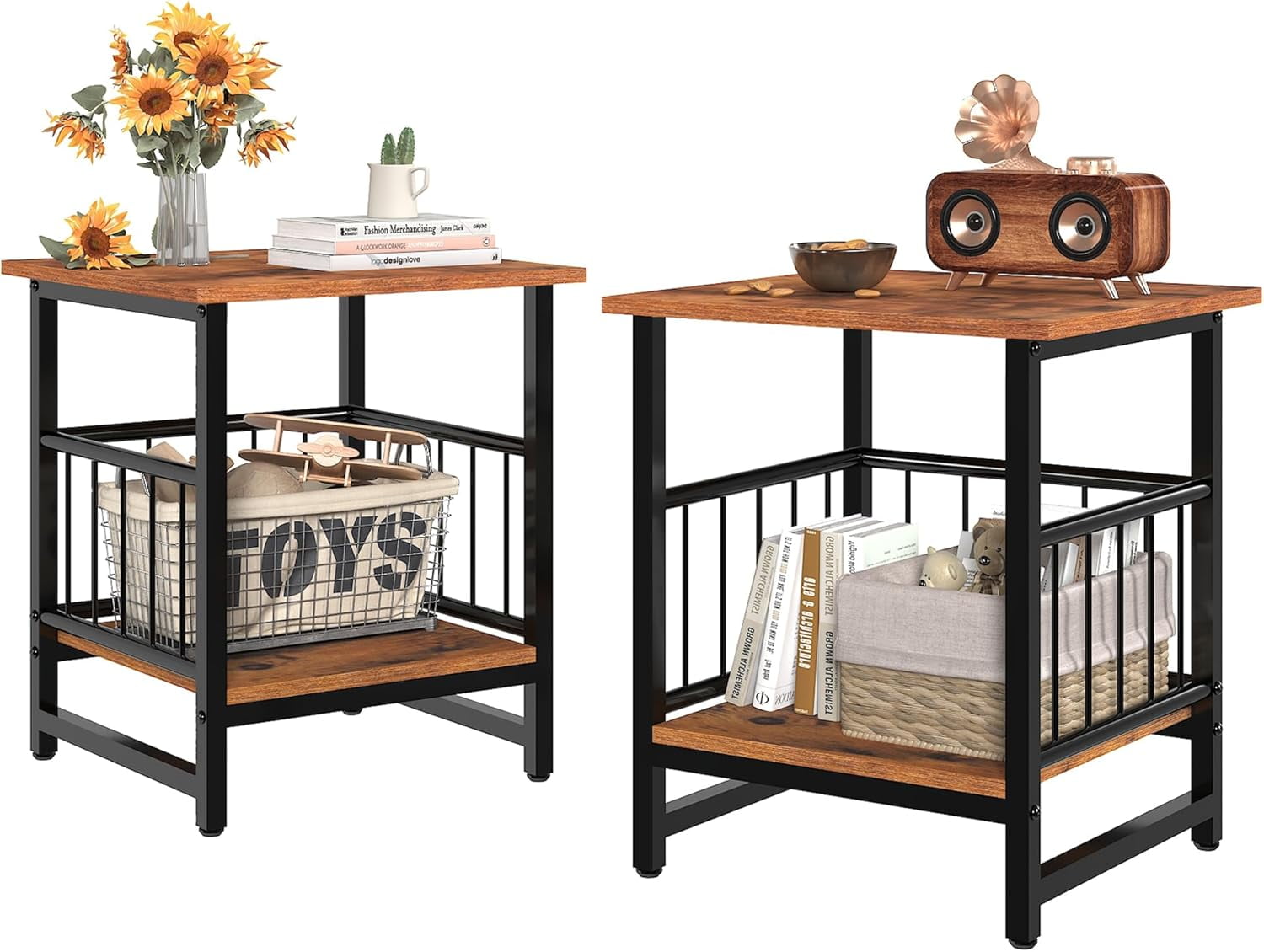 End Table Set of 2, Industrial Side Table with 2-Tire Storage Shelf, 18 ...