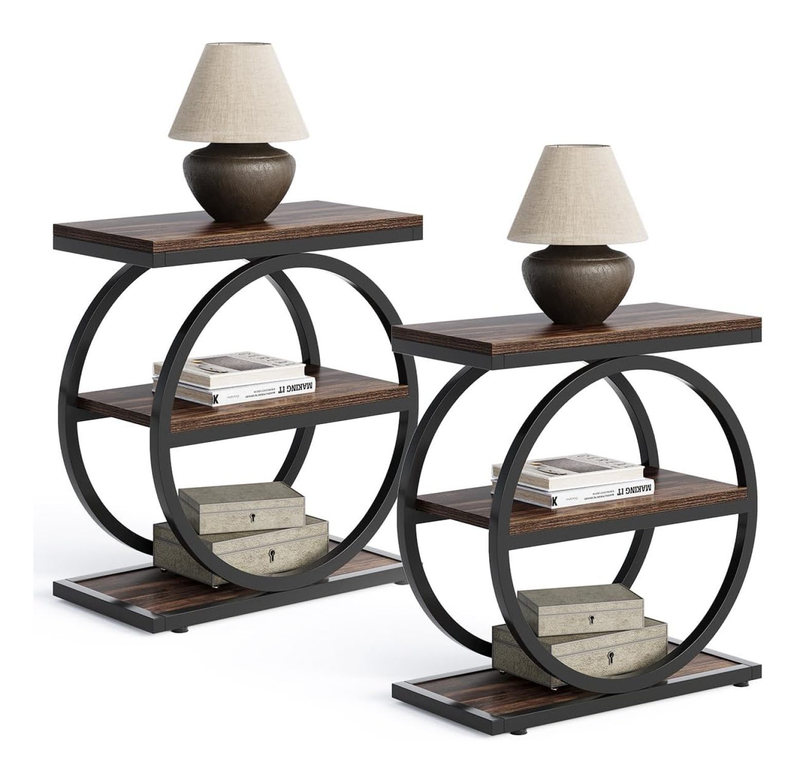 End Table Set 2, Side Table with 3 Tiers Shelves, Slim Sofa Side Table ...