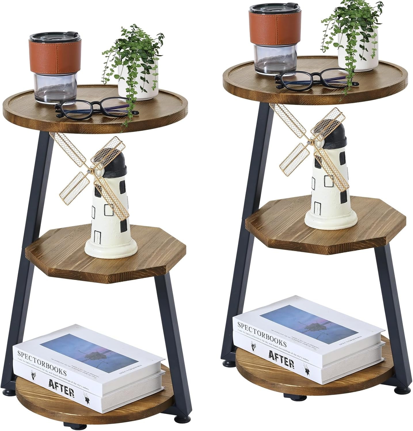Small Round Side Table with Solid Wood Tray Top Metal Frame, 3-Tier End ...