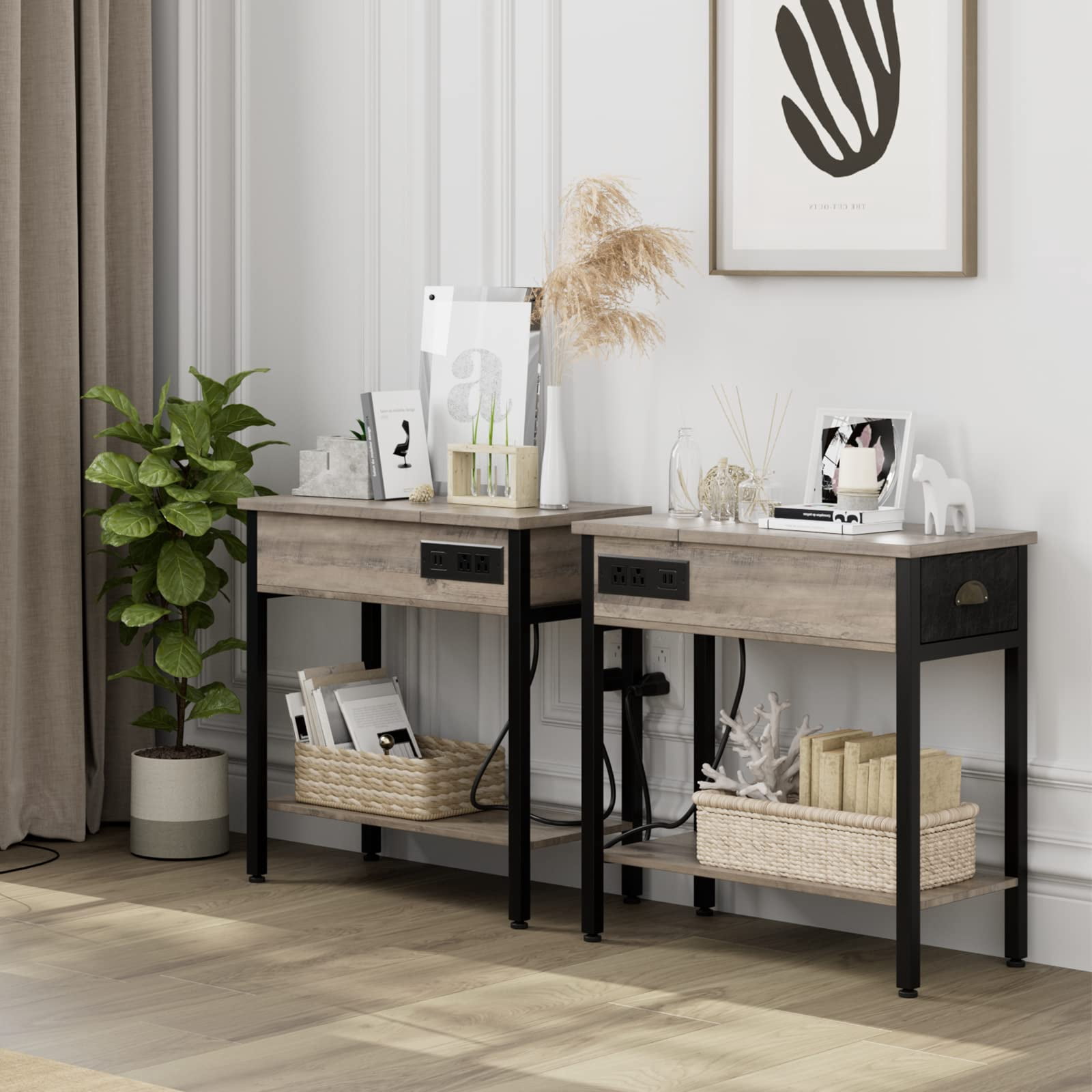 End Table Set of 2, Grey Side Table with Charing Station, Small End ...
