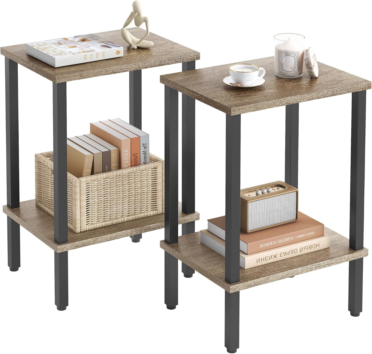 End Table Set of 2, Narrow Side Table, Small Nightstand, 2-Tier Sofa ...