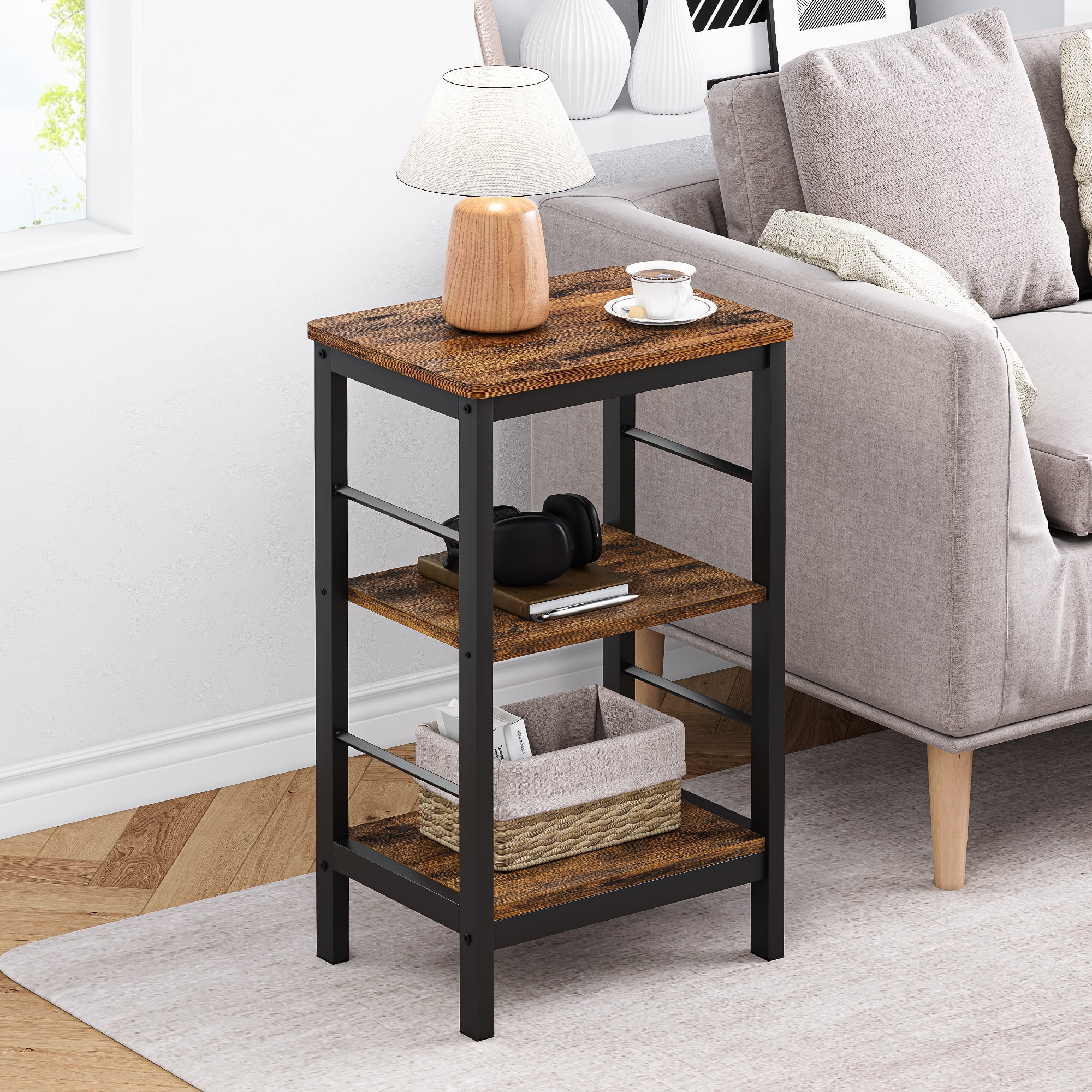End Table Side Desk Table with 3-Tier Storage Shelf, Narrow Nightstand ...
