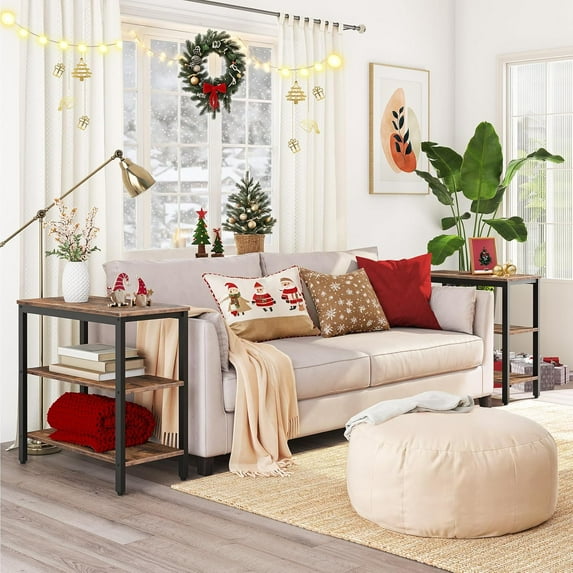 End Table, Simple Rustic Side Table with 3-Tier Storage Shelf, Narrow ...