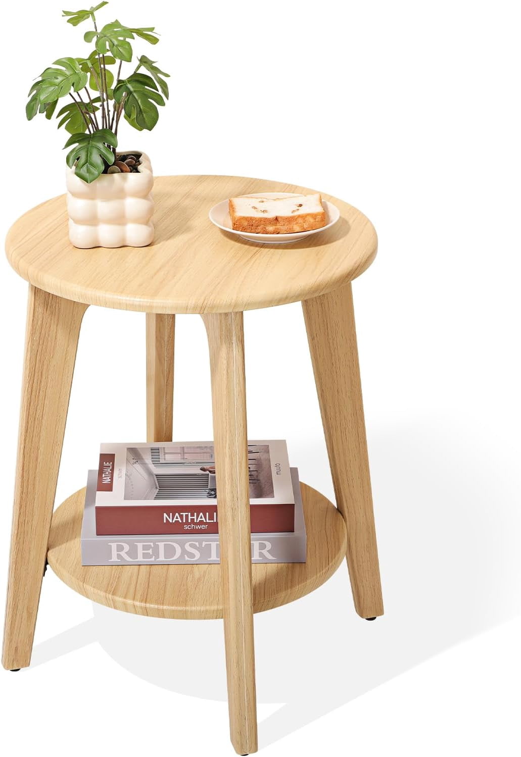 End Table Small Round Side Table with 2 Storage Shelves Walnut End ...