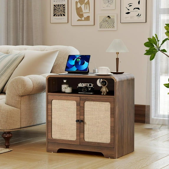 End Table with Storage & Charging Station 2AC + USB + Type-C, 24" Large ...