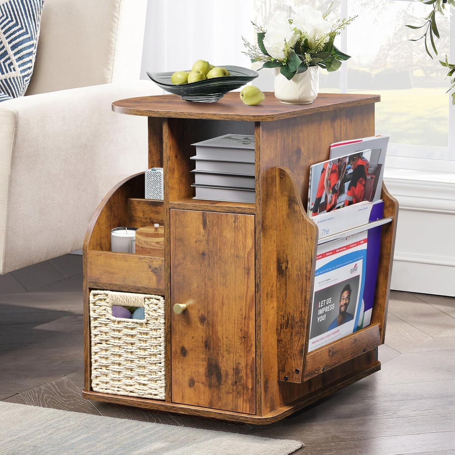 End Table with Storage, Rotating Side Table Living Room, Side Table ...