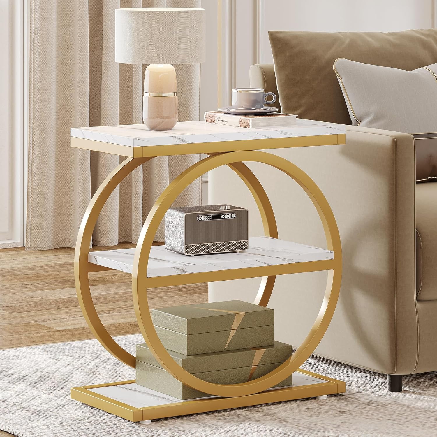 End Table with Storage Shelves, 3-Tier Wooden Industrial Sofa Side ...