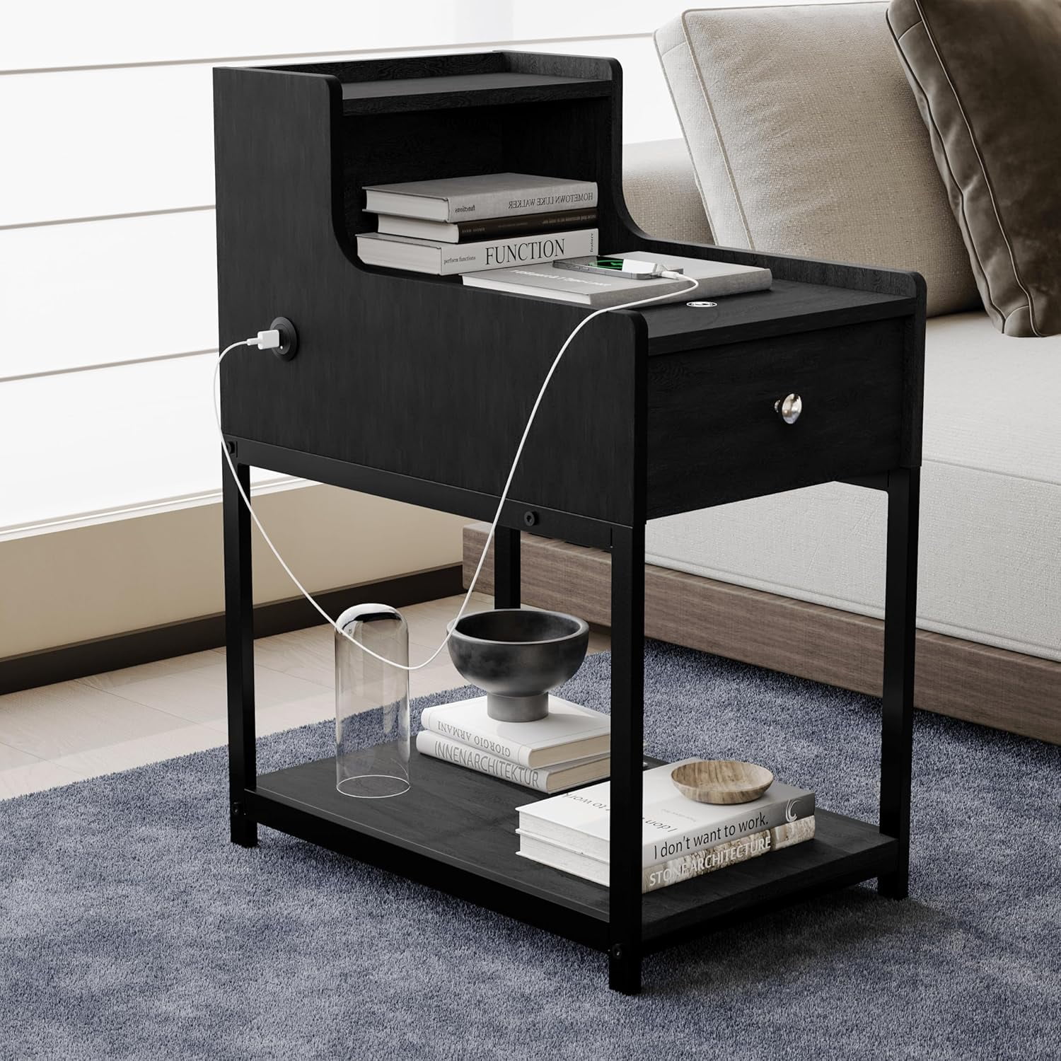 End Table with USB Charging Ports, Side Table with Storage Drawers ...