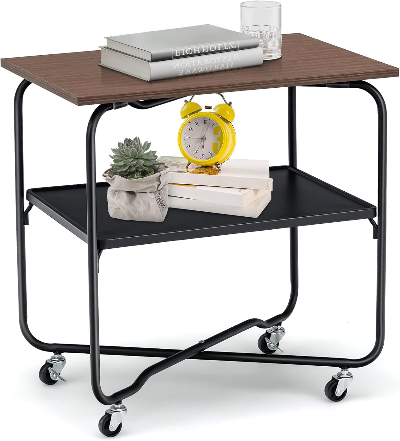 End Table with Wheels, 2-Tier Rolling Side Table with Storage Shelf and ...