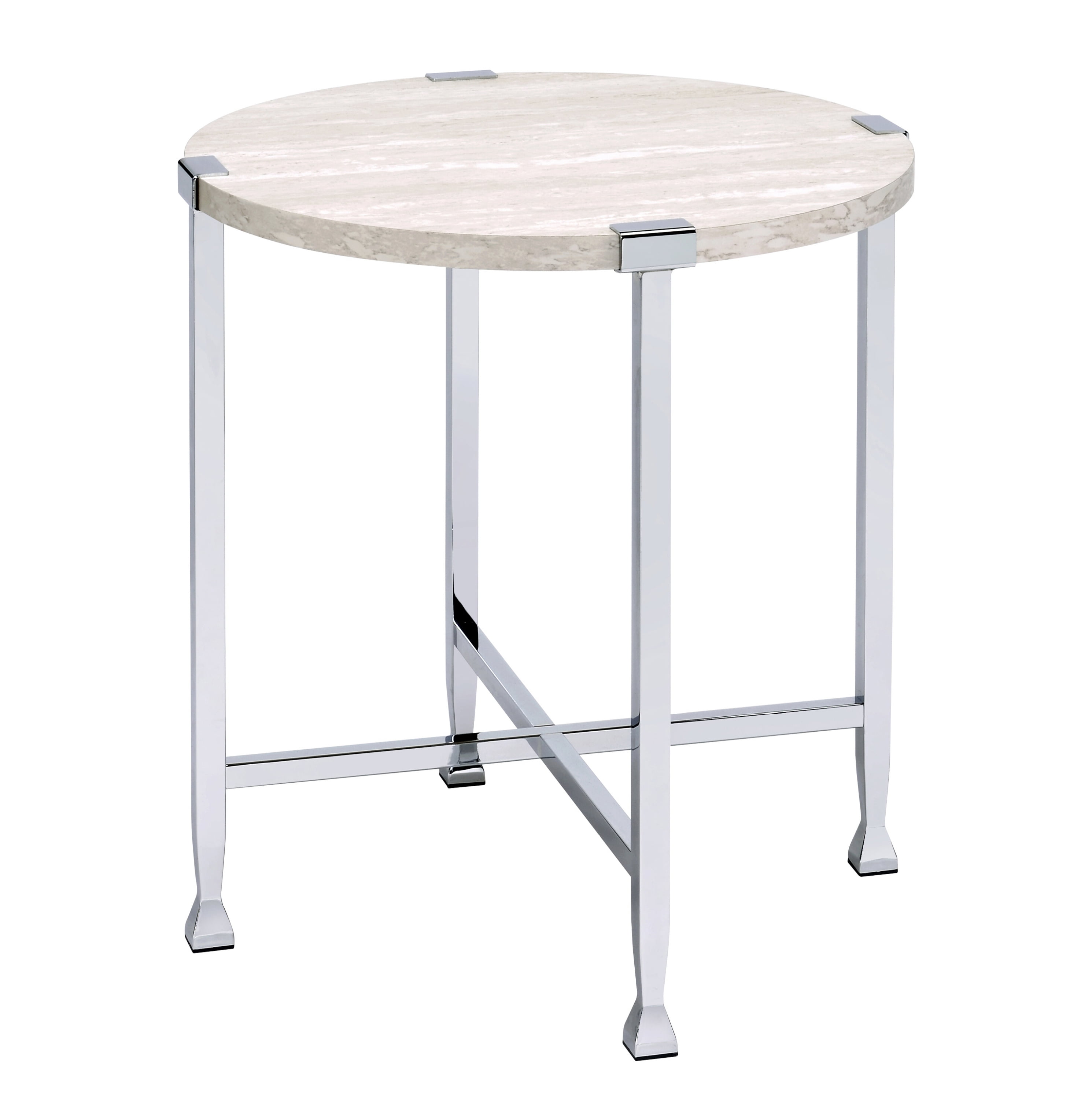 End Table, White Oak & Chrome, Industrial Round Side Table with X-Base ...