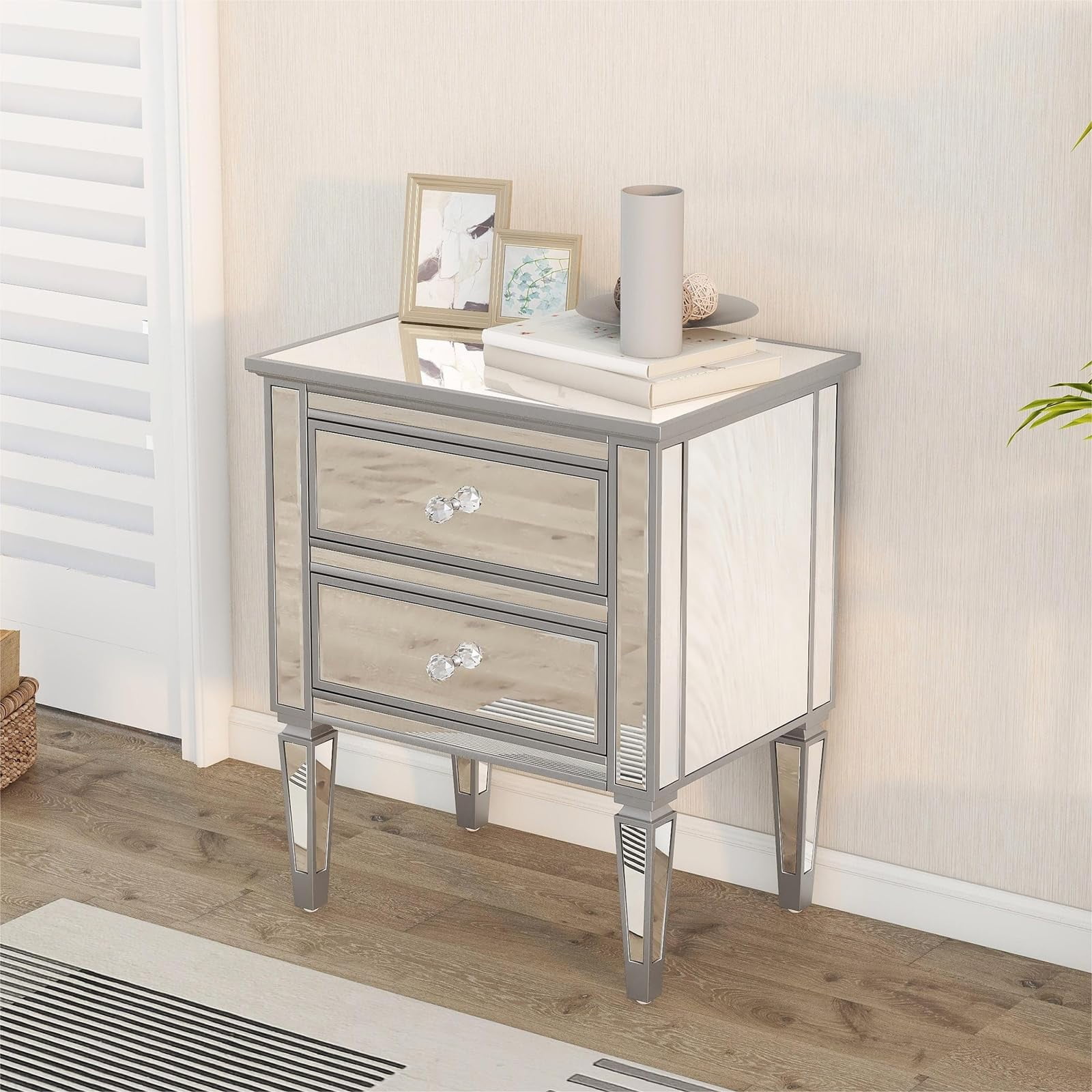 End Table With 2 Drawers Modern Silver Finished Side Table For Bedroom ...