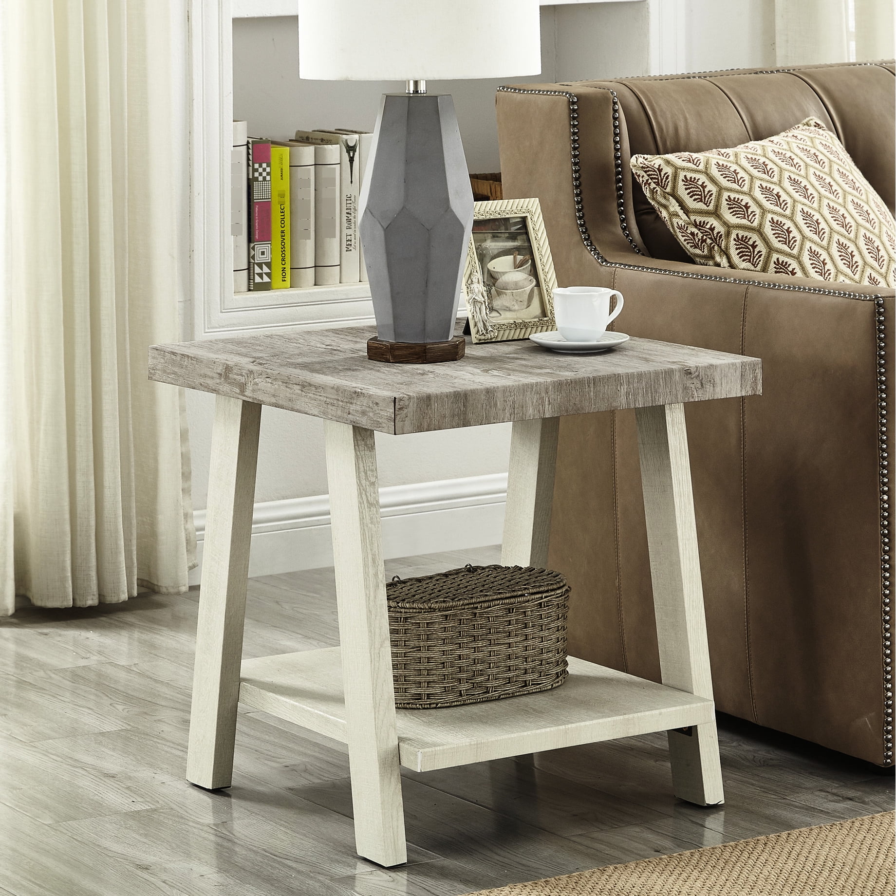 End Table With Extra Storage In Two-tone Gray Beige Base And Gray ...