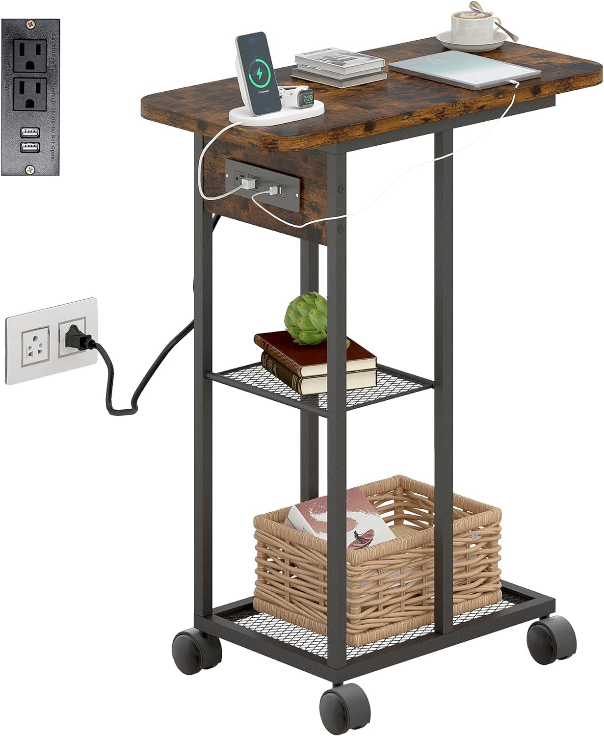 End Table, Wood End Table with Charging Station, for Living Room ...