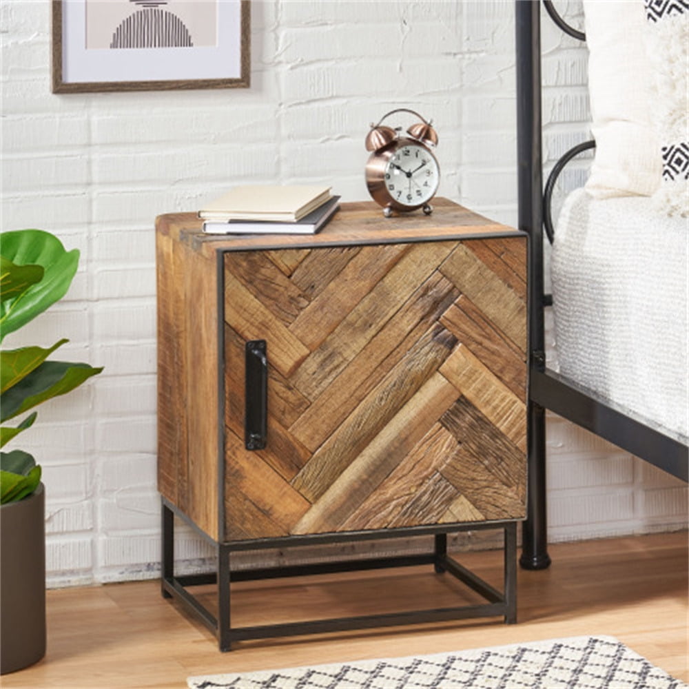 End Table, Wooden Side Table with 1 Door and Iron Base, Nightstand for ...