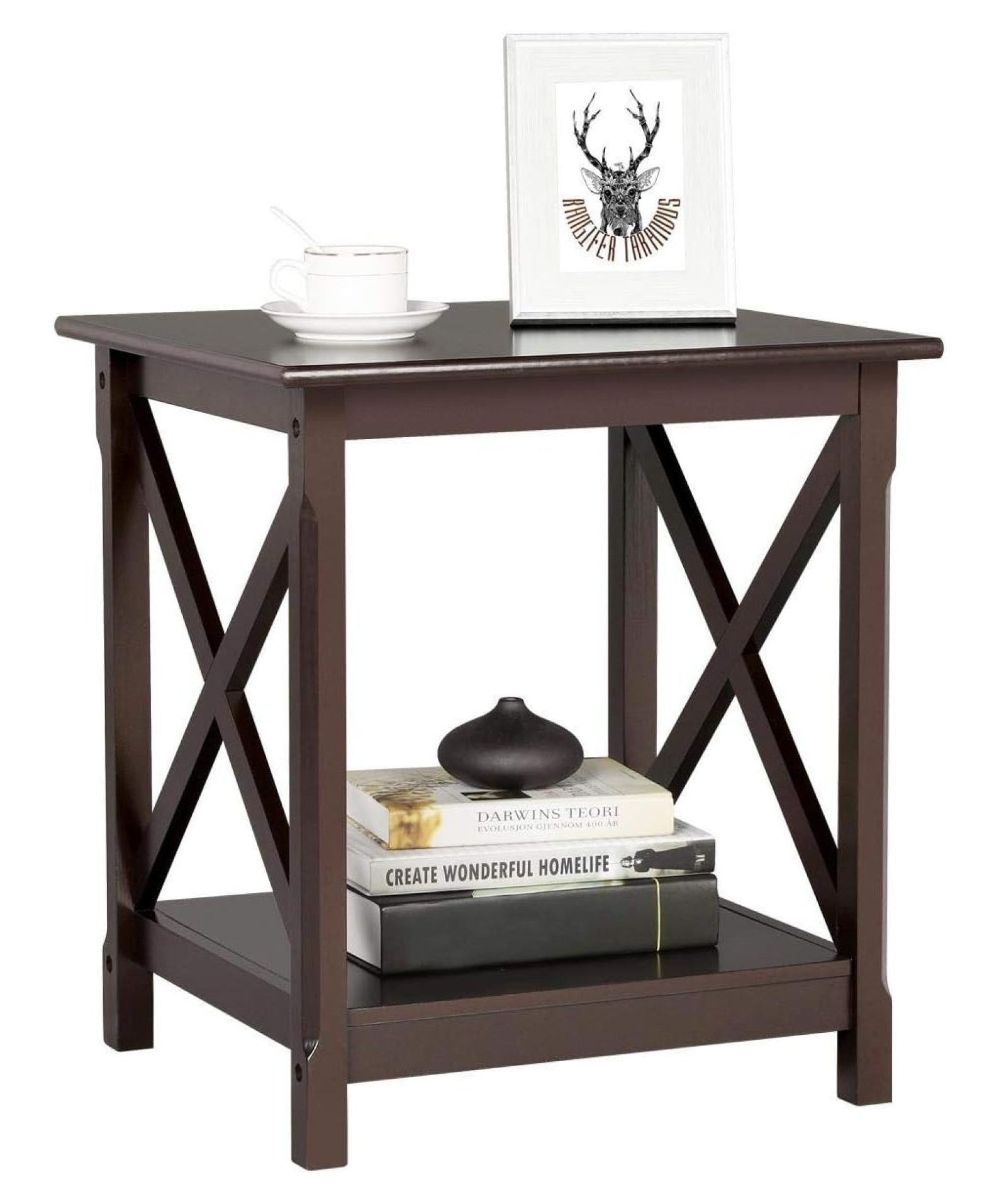 End Table in X-Design, Wood Sofa Side Table with Storage Shelf for ...