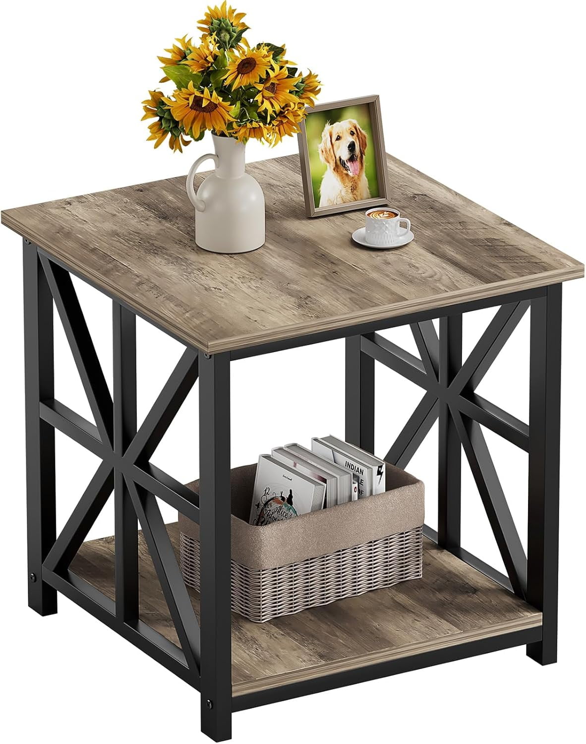 End Table with 2-Tier Storage Shelf, 24 inch Side Table for Living Room ...