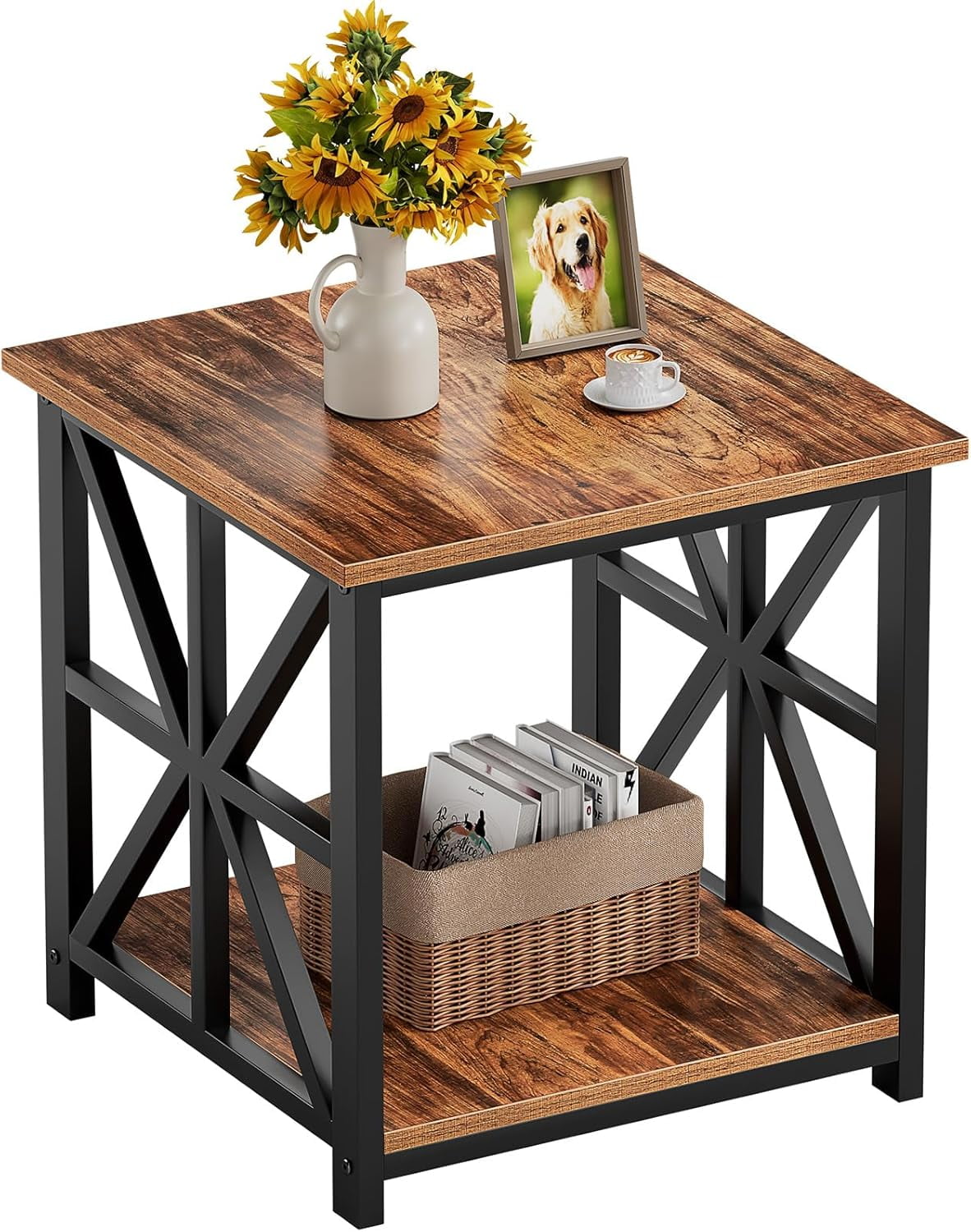End Table with 2-Tier Storage Shelf, 24 inch Side Table for Living Room ...