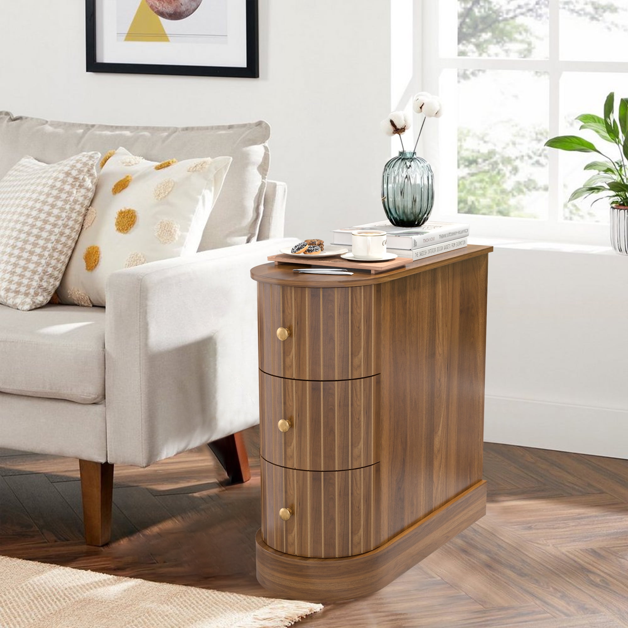 End Table with 3 Drawers, Narrow Sofa Side Table with Metal Handle for ...