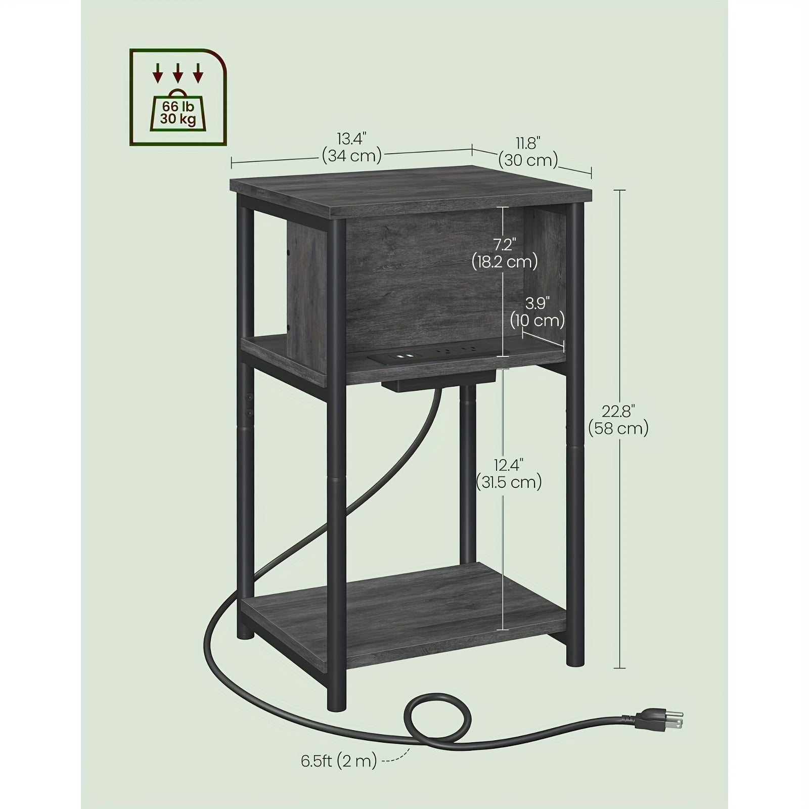 End Table with Built-in Charging Station 3-Tier Nightstand with USB ...