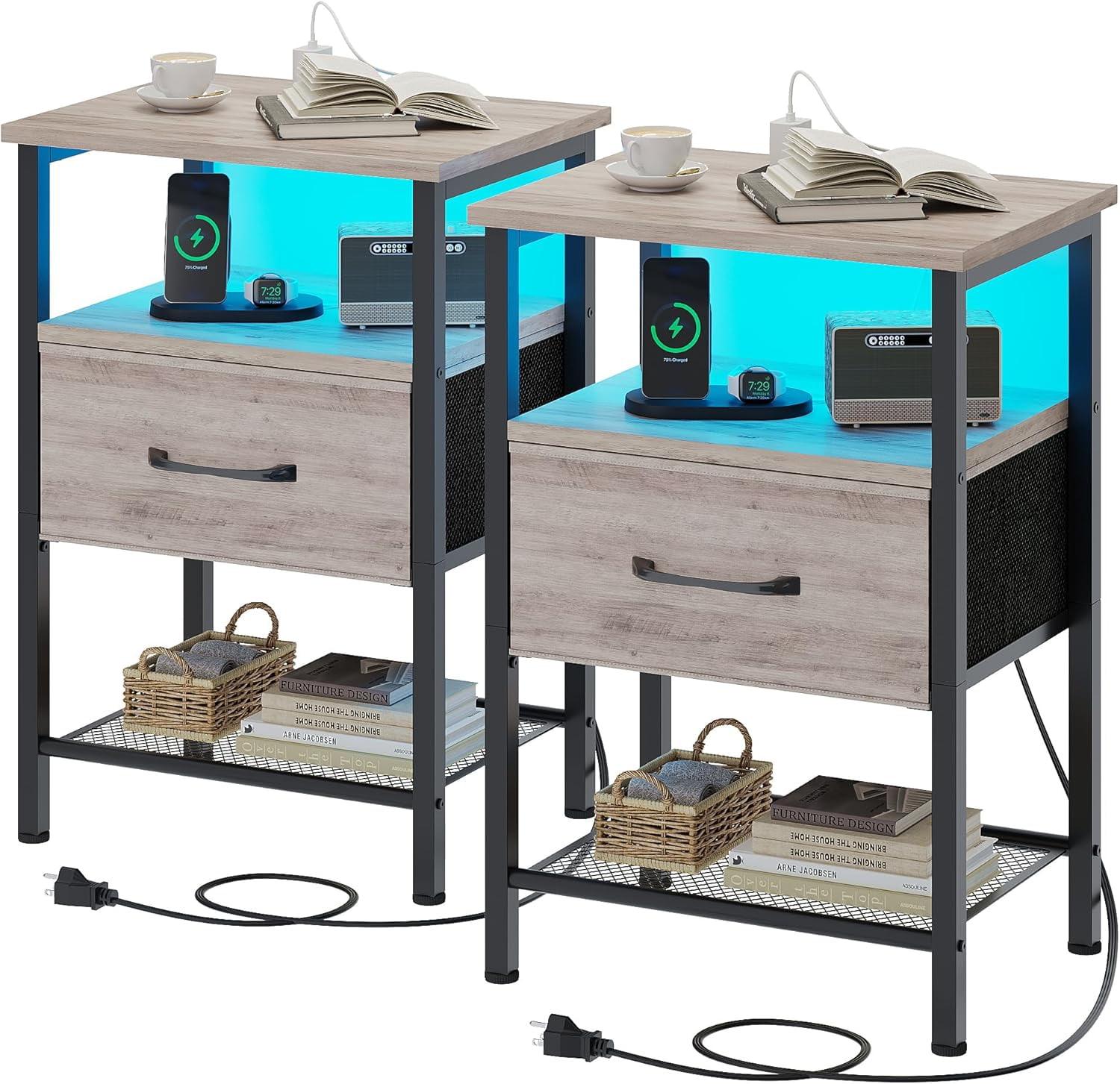 End Table with Charging Station, LED Bedside Table with Fabric Drawer ...