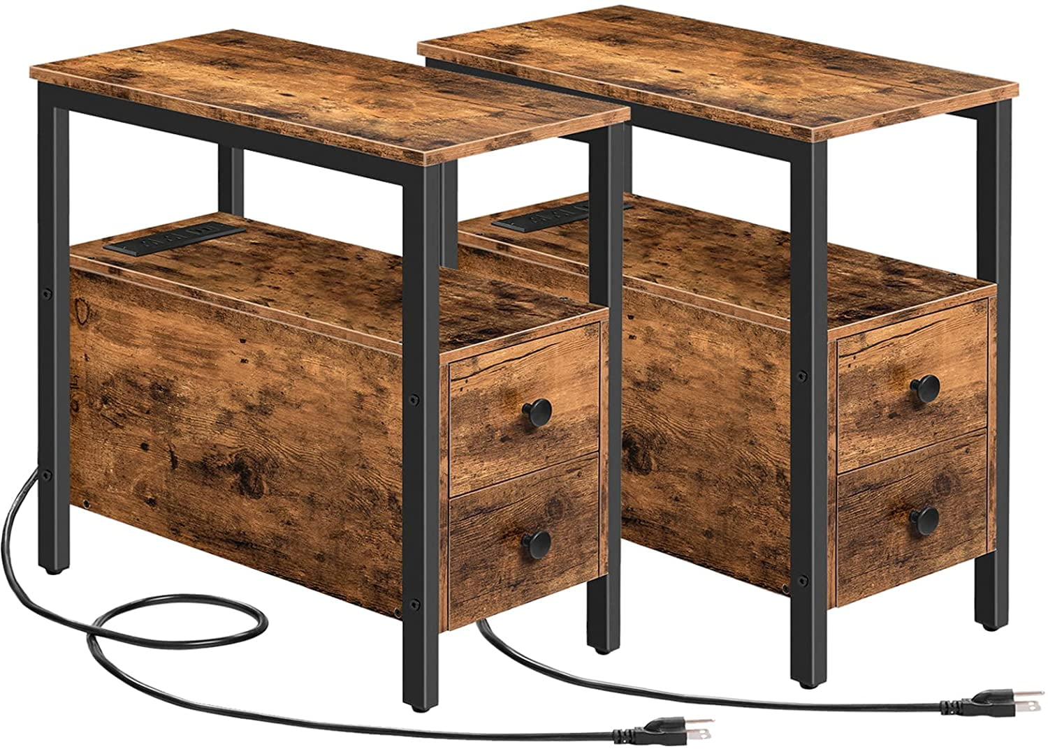 End Table with Charging Station, Narrow Side Table with 2 Drawer ...